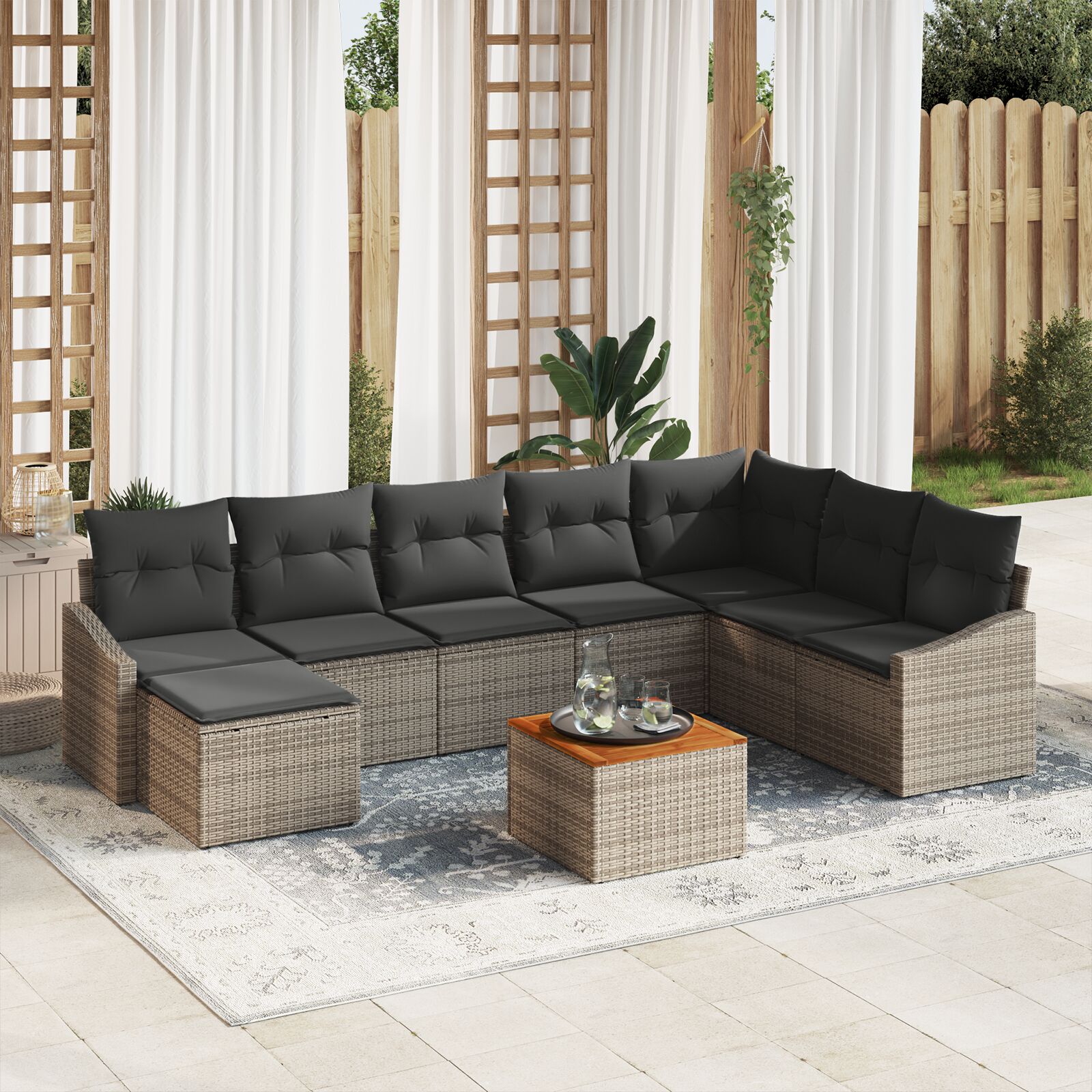 Ensemble Canapé de Jardin de 9 Pièces Avec Coussins Gris Poly Rattan ...