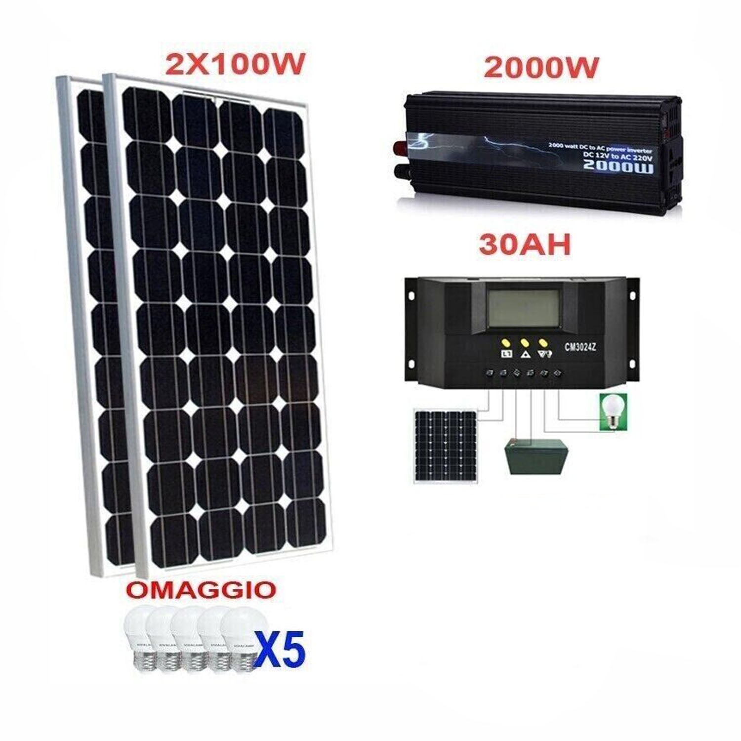 Kit Fotovoltaico 2 KW Pwm Inverter 2000W Pannello Solare 200W reg 30 ...