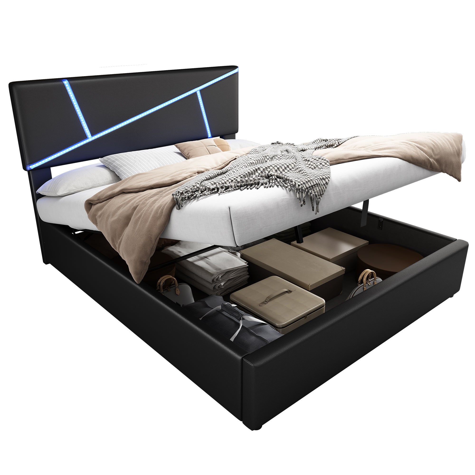 Lit double 140x200 cm avec rangement et LED, PU noir, sans matelas ...