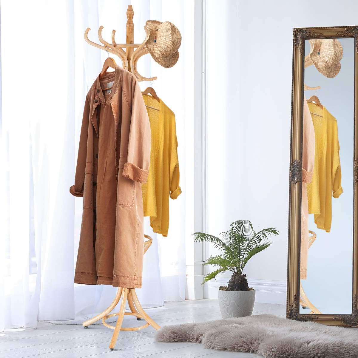 Perchero de Pie de Madera Maciza con 12 Ganchos y Soporte para Paraguas ...