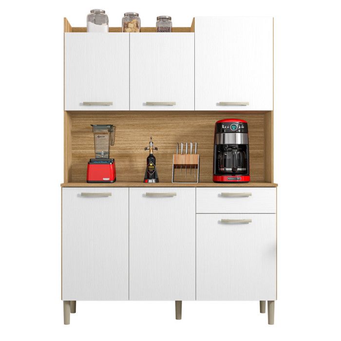 Buffet de Cuisine - Imitation Chêne et Blanc - 6 Portes - 1 Tiroir - L ...