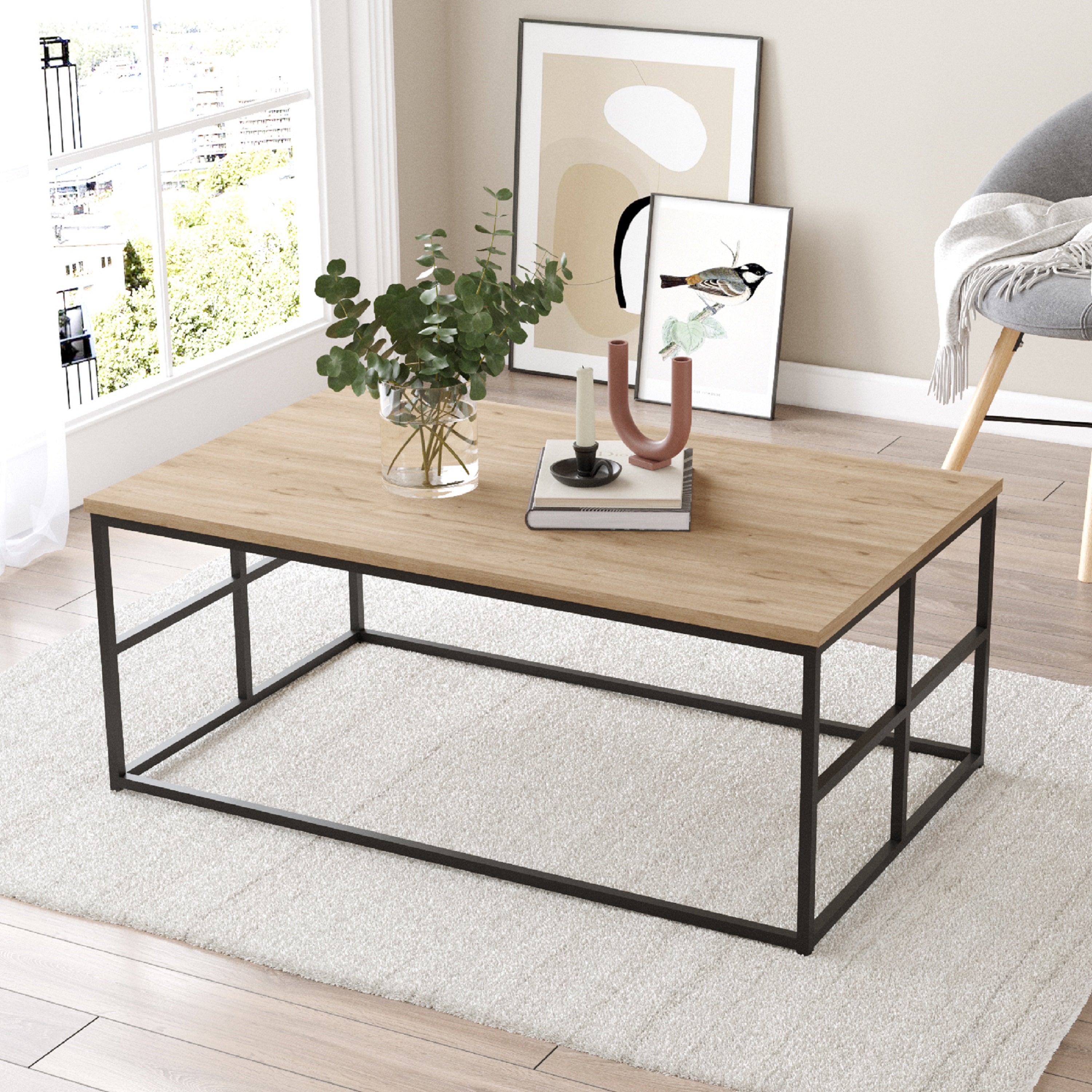 Table basse de salon avec plateau en mélamine naturel et armature en ...