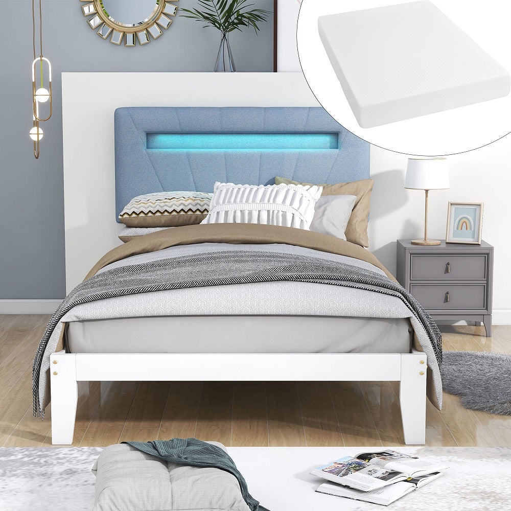 Lit adulte Lit en bois, lit simple, tête de lit avec bande lumineuse ...