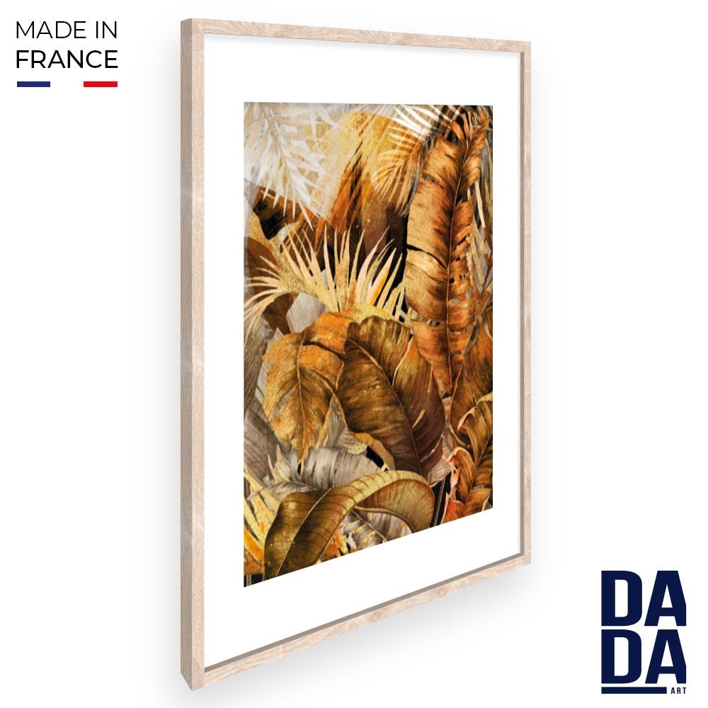 Image encadrée avec cadre CHÊNE / 30x40cm / Feuilles exotiques dorées ...