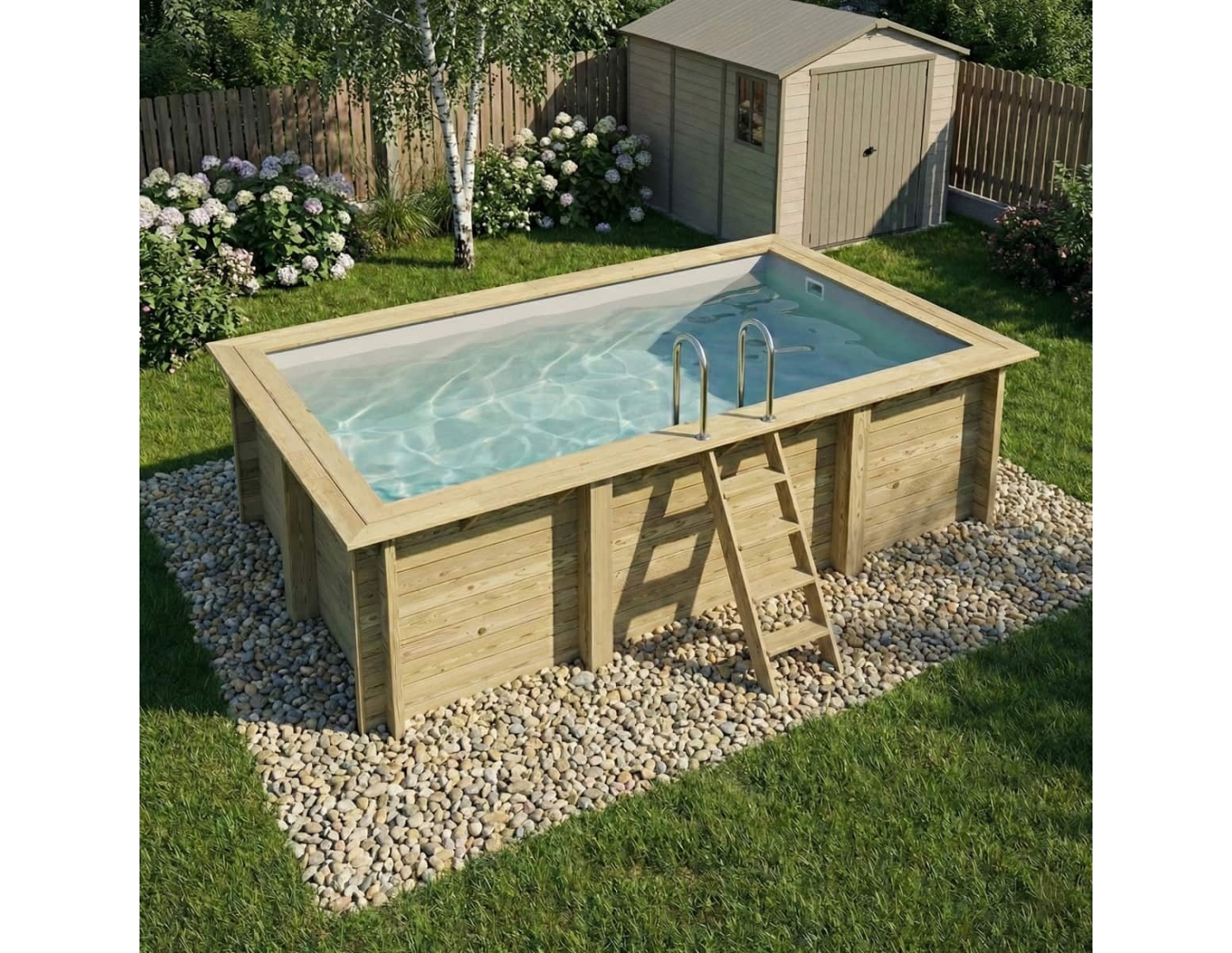 Piscina de madera AQUA 4.65 x 2.85 – H.1.24 m, gris, con vigas a ...