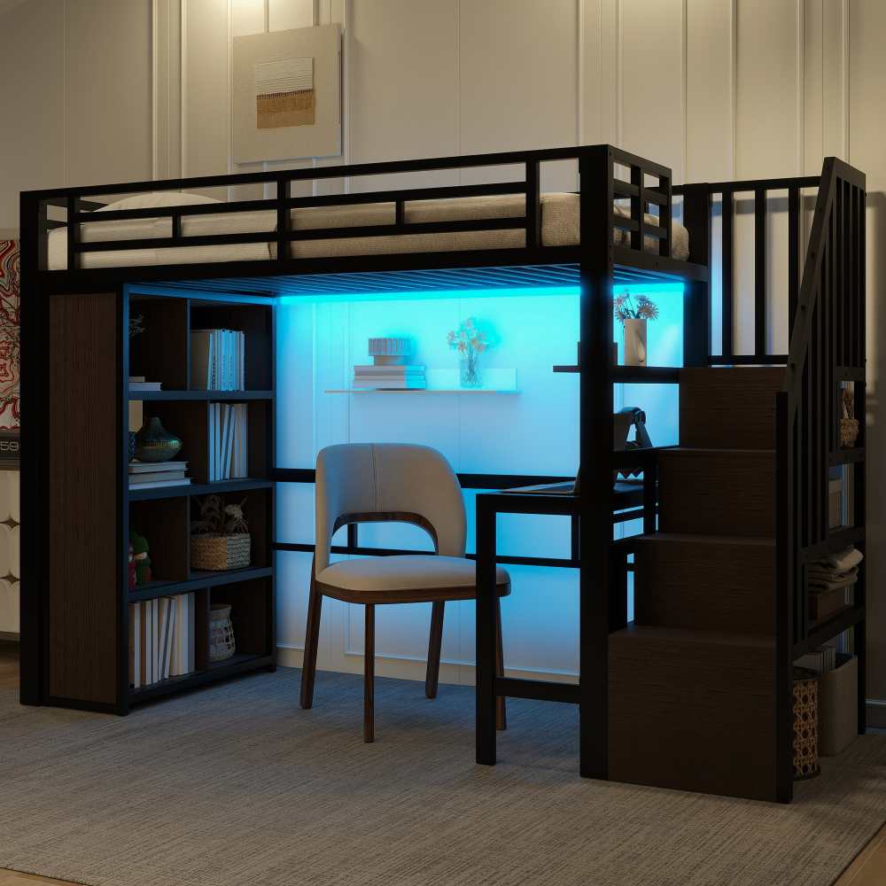 Litera alta metálica 90x200cm negra con escritorio, estantería, LED ...