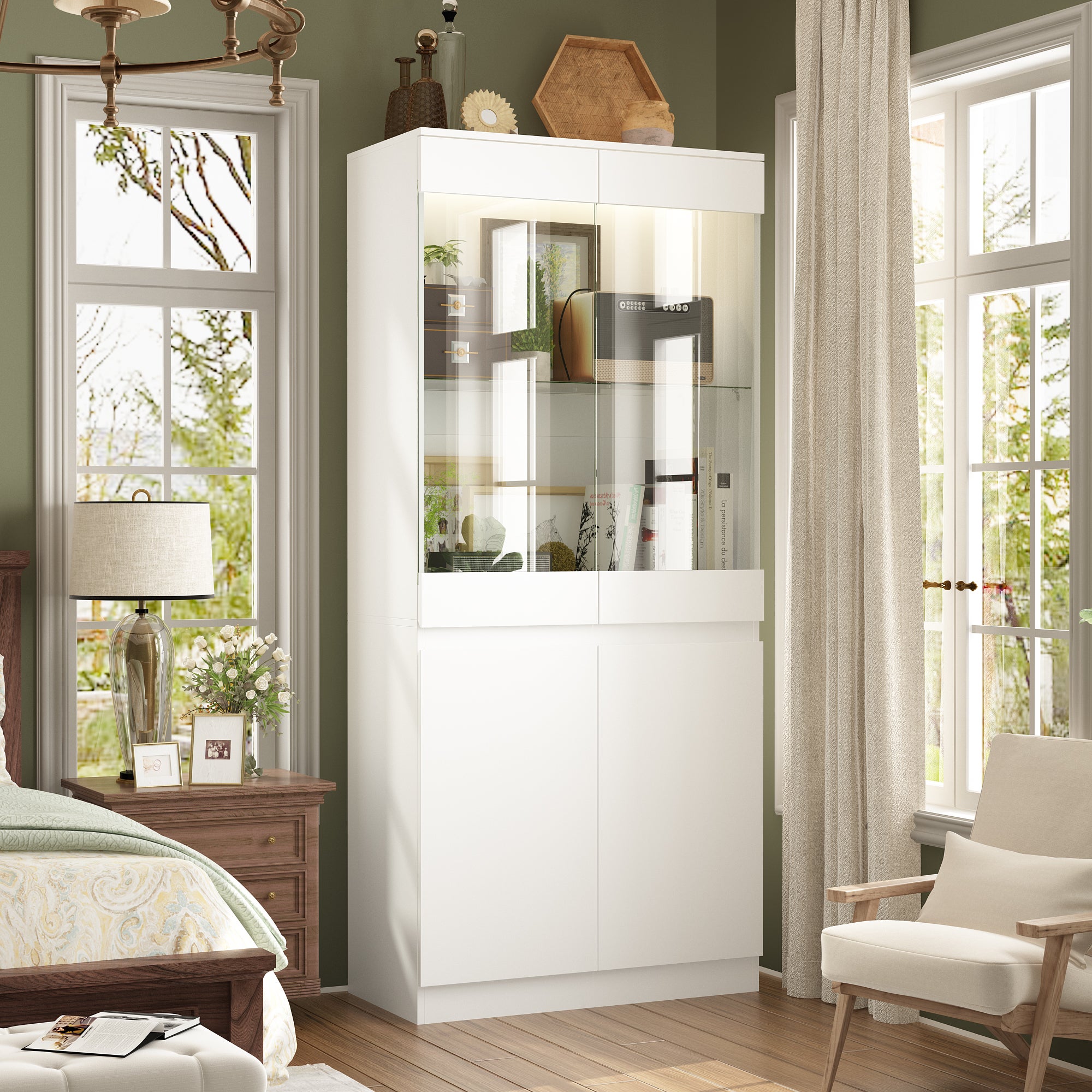 Vitrine LED avec Portes en verre trempé Bibliothèque 4 étagères 4 ...