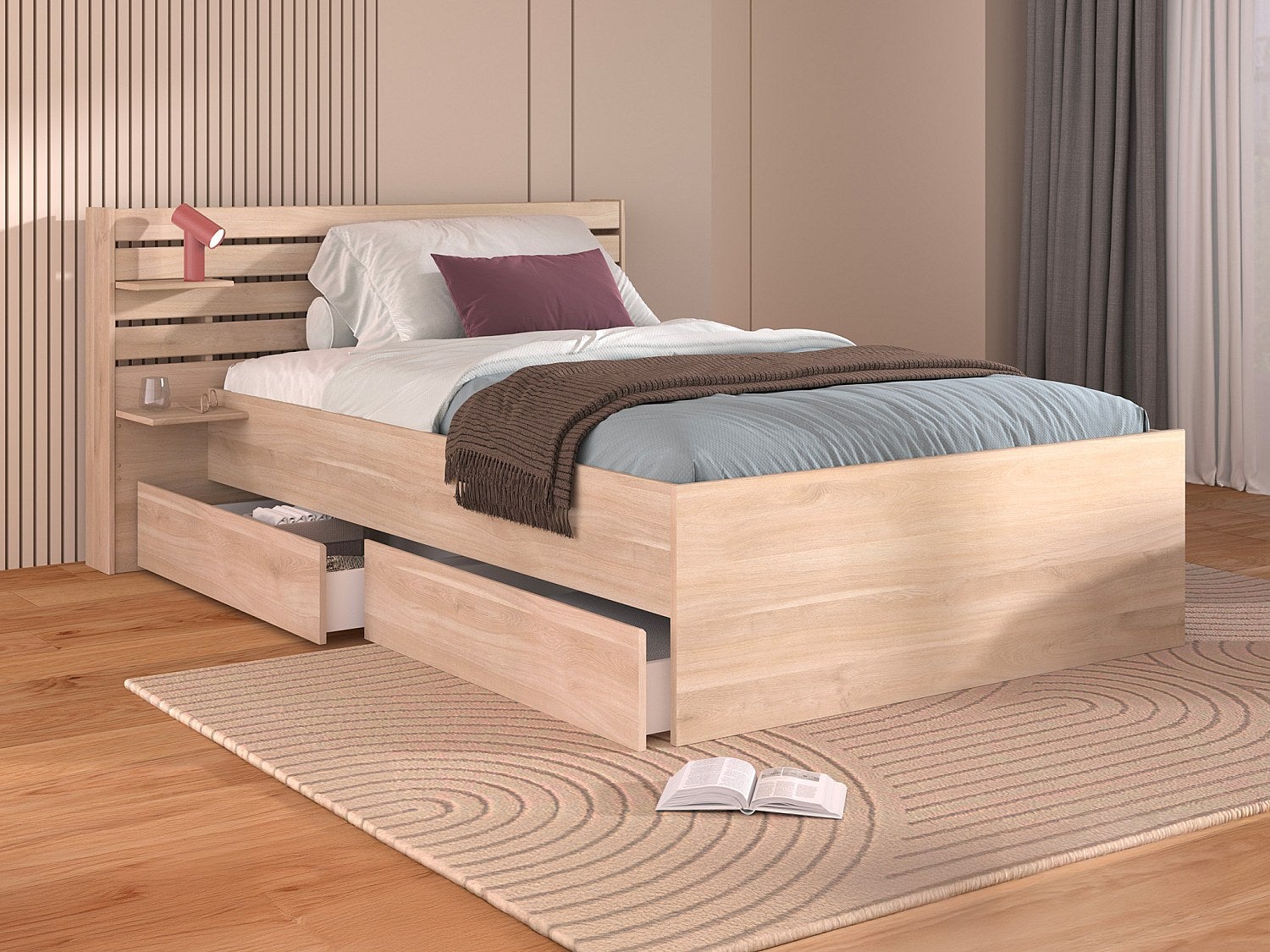 Lit 120 x 190 cm avec rangements - Coloris : Naturel + Sommier ...