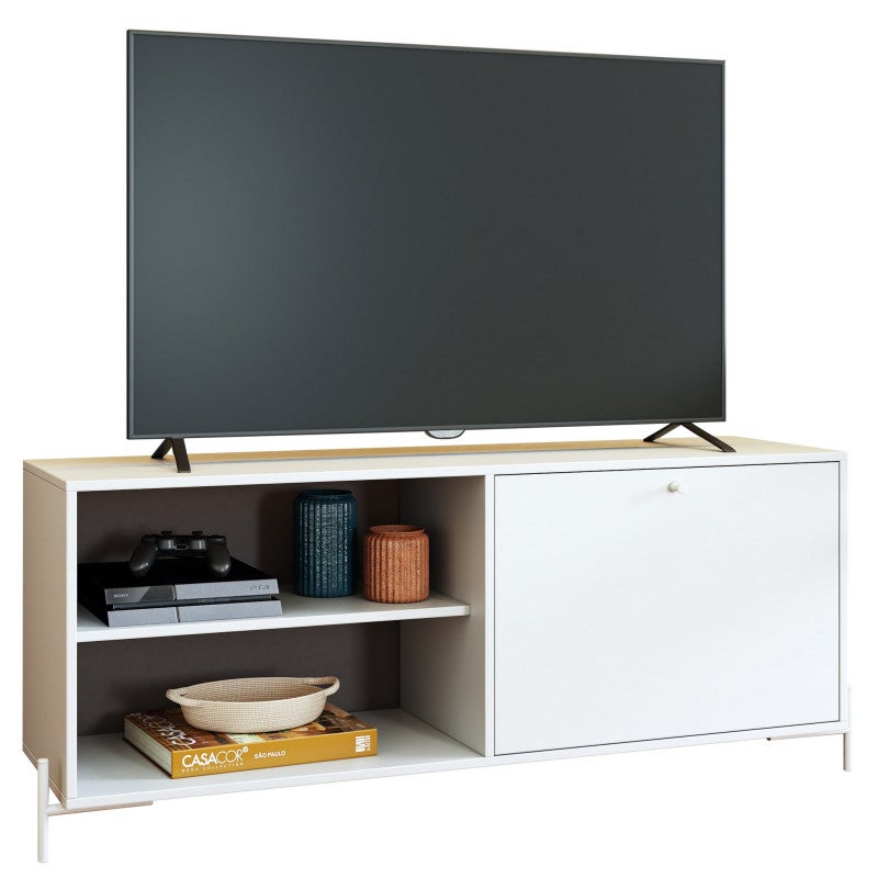 Meuble TV Bar 60 Pouces Blanc 1 Porte 4 Niches Pieds Métal Ronds L 142 ...