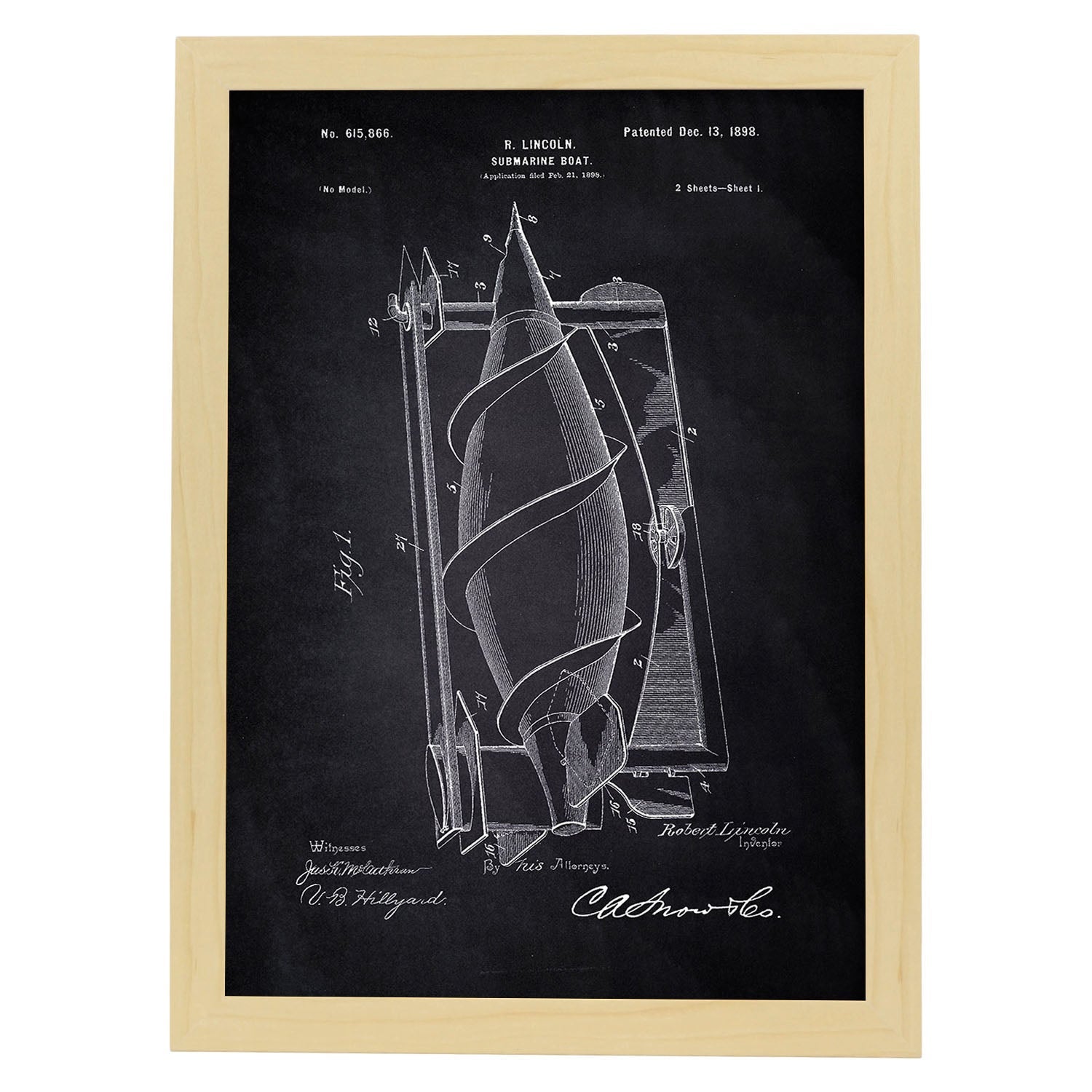 Affiche De Brevet Sous-marin. Perte Avec Old Patent Design Black Cadre ...