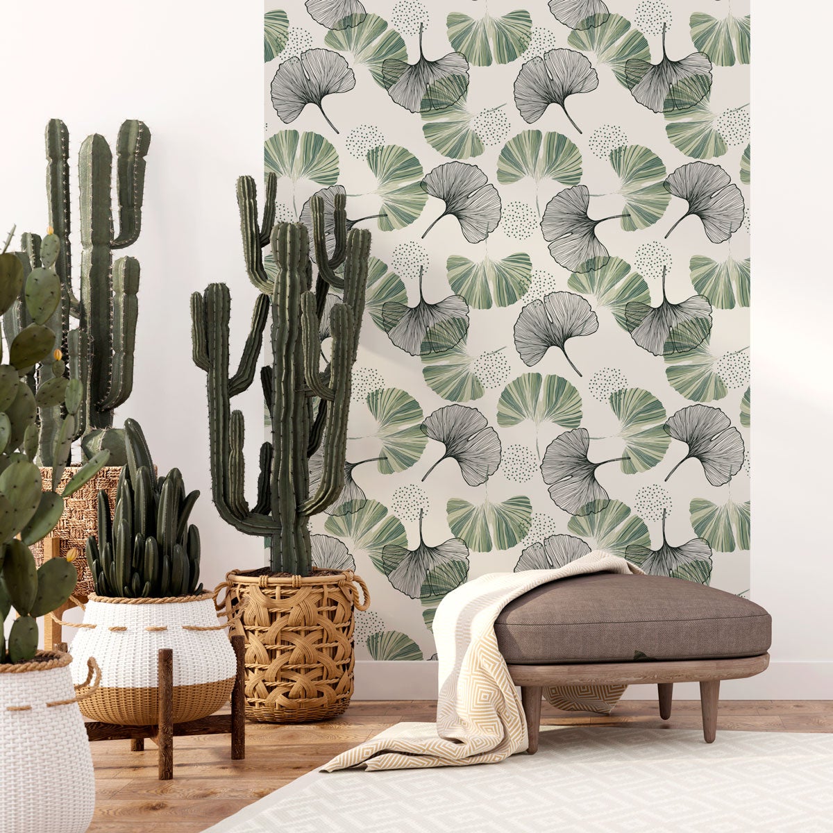 Papier peint intissé pré-encollé - FEUILLES DE GINKGO GRIS VERT - 1 ...