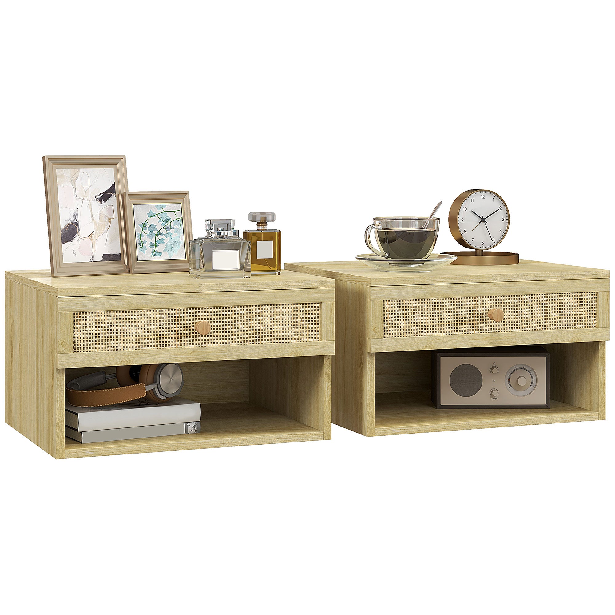 Ensemble de deux tables de chevet flottantes en rotin effet bois ...