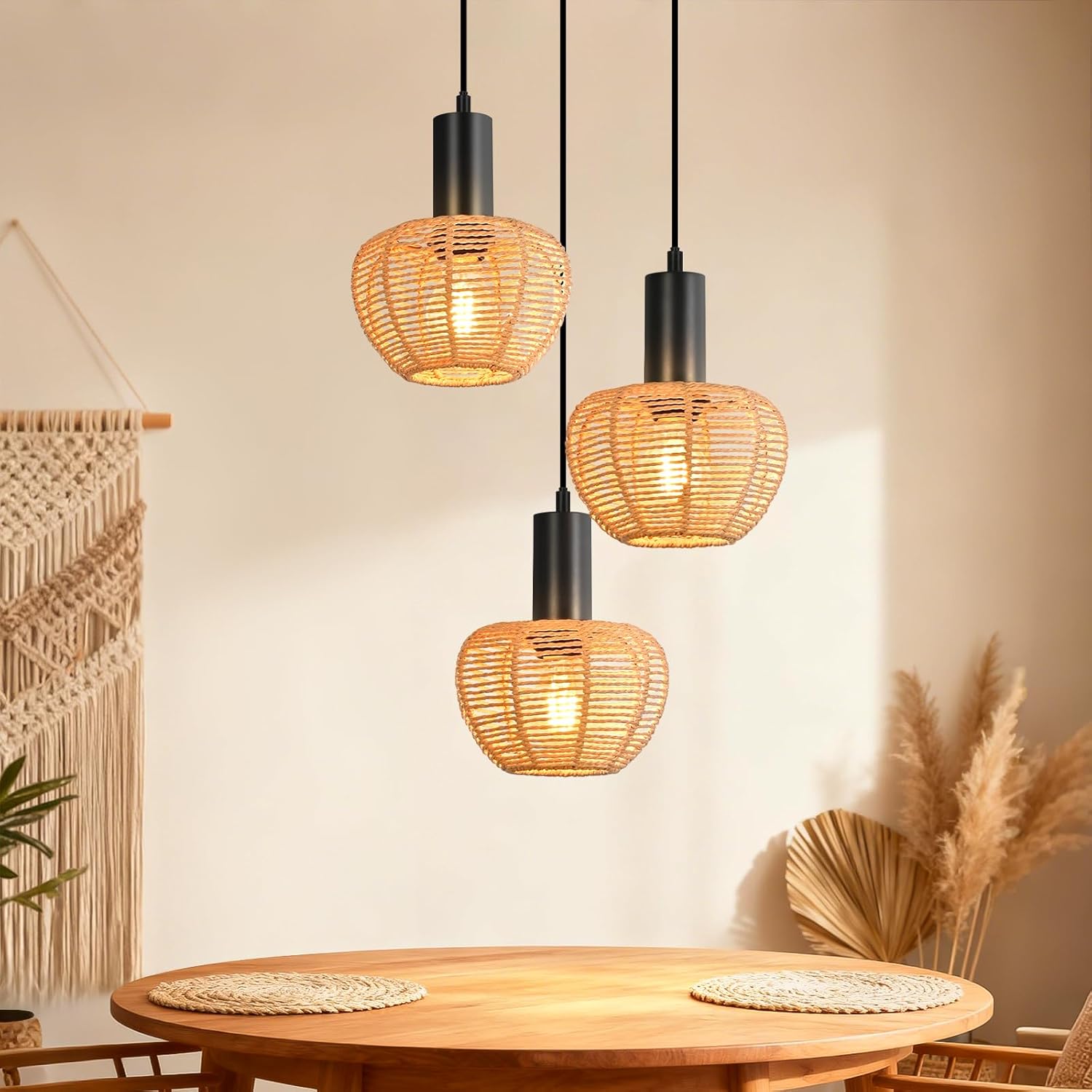 Nettlife Suspension Rotin Boho 3 Lampes - Lustre Vintage Tressé Corde ...