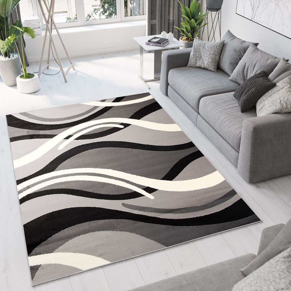 TAPISO Dream Tapis Salon Chambre Noir Gris Blanc Abstrait Ondes Vagues ...