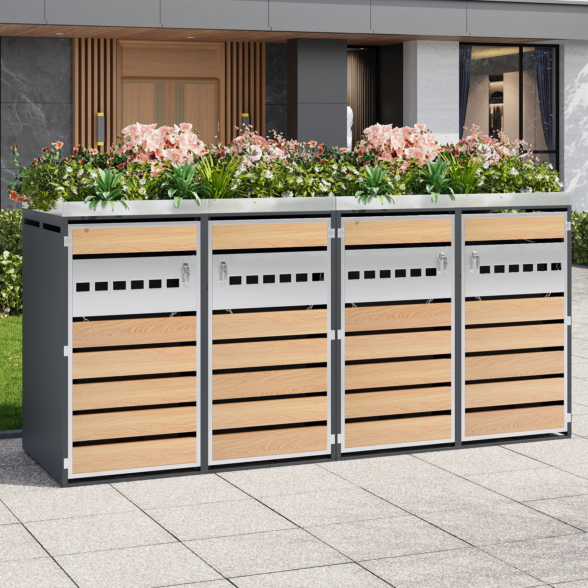 Cache-poubelles 4 bacs avec jardinière, portes verrouillables et ...