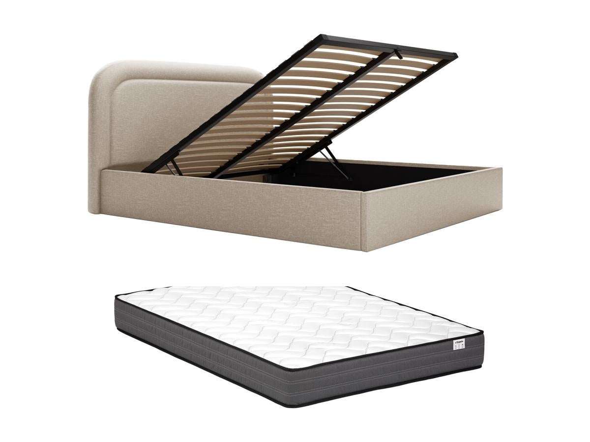 Lit coffre 140 x 190 cm - Tissu chiné - Beige + Matelas - FIREZA ...