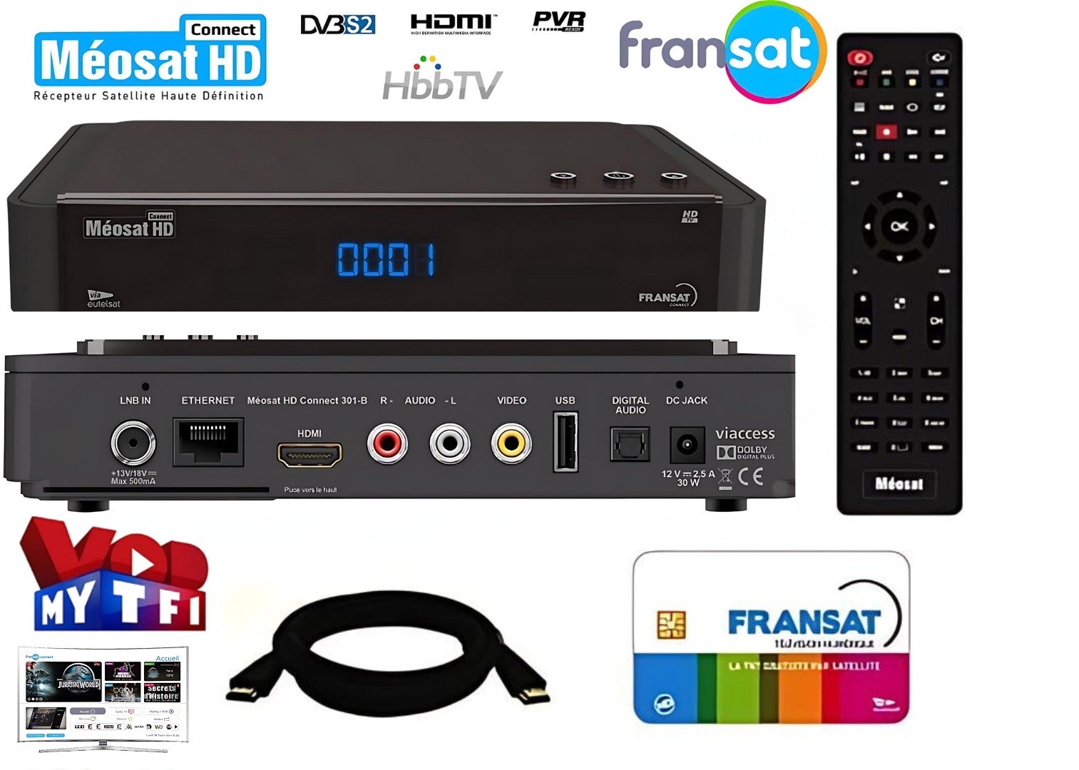 Récepteur satellite MEOSAT HD FRANSAT Connect Wifi intégré PVR USB HDMI ...