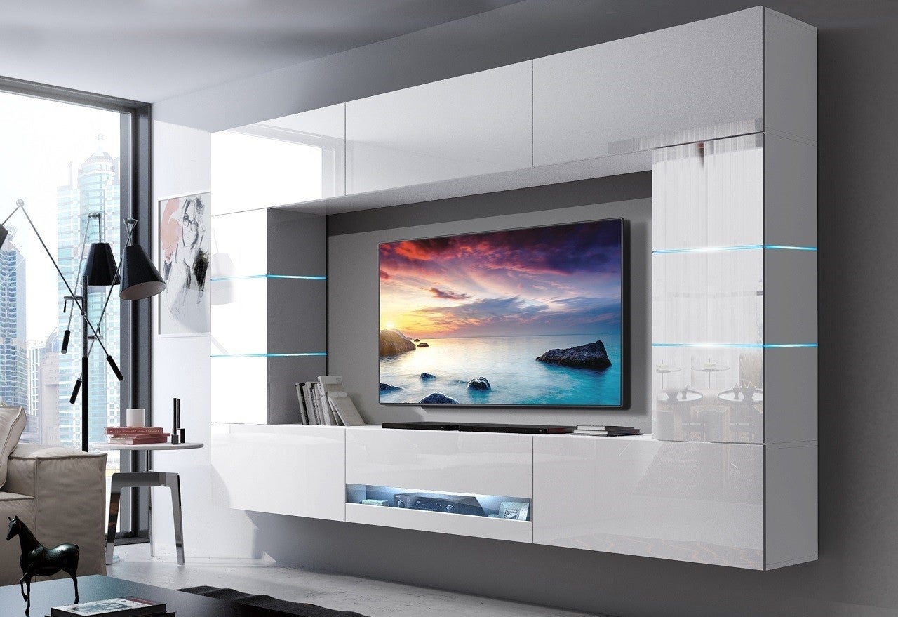 Ensemble meuble TV CONCEPT 62-62-HG-W-2 blanc brillant 257 x 35 x 184-200 cm | Leroy Merlin
