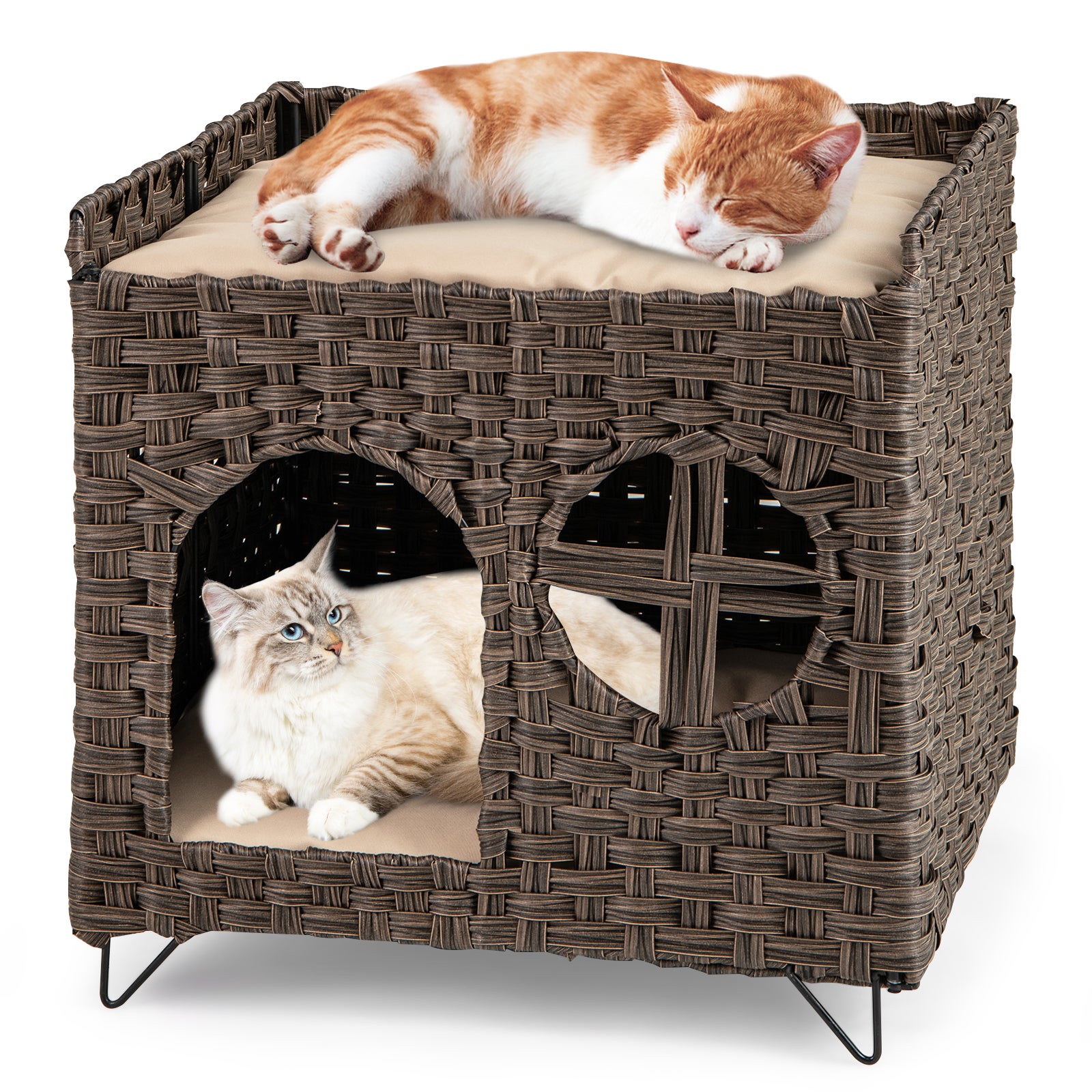 Maison pour Chat Niche Pliable en Rotin PE à 2 Niveaux, avec 2 Coussins ...