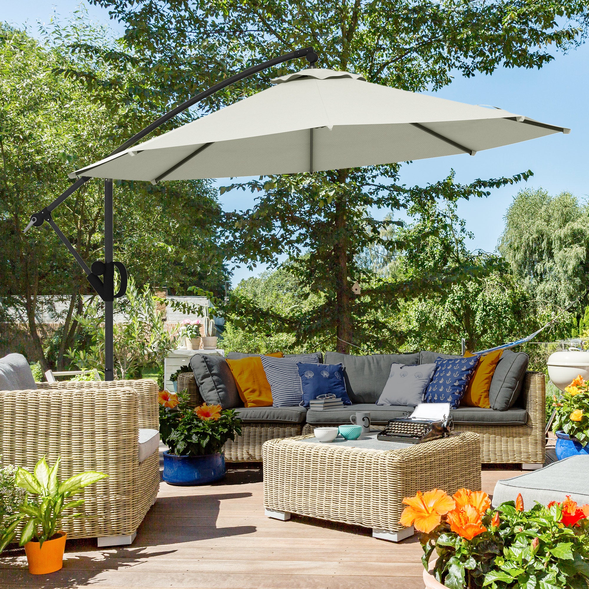 Parasol déporté Ø 293 x 260 cm, Parasol de jardin avec manivelle et ...