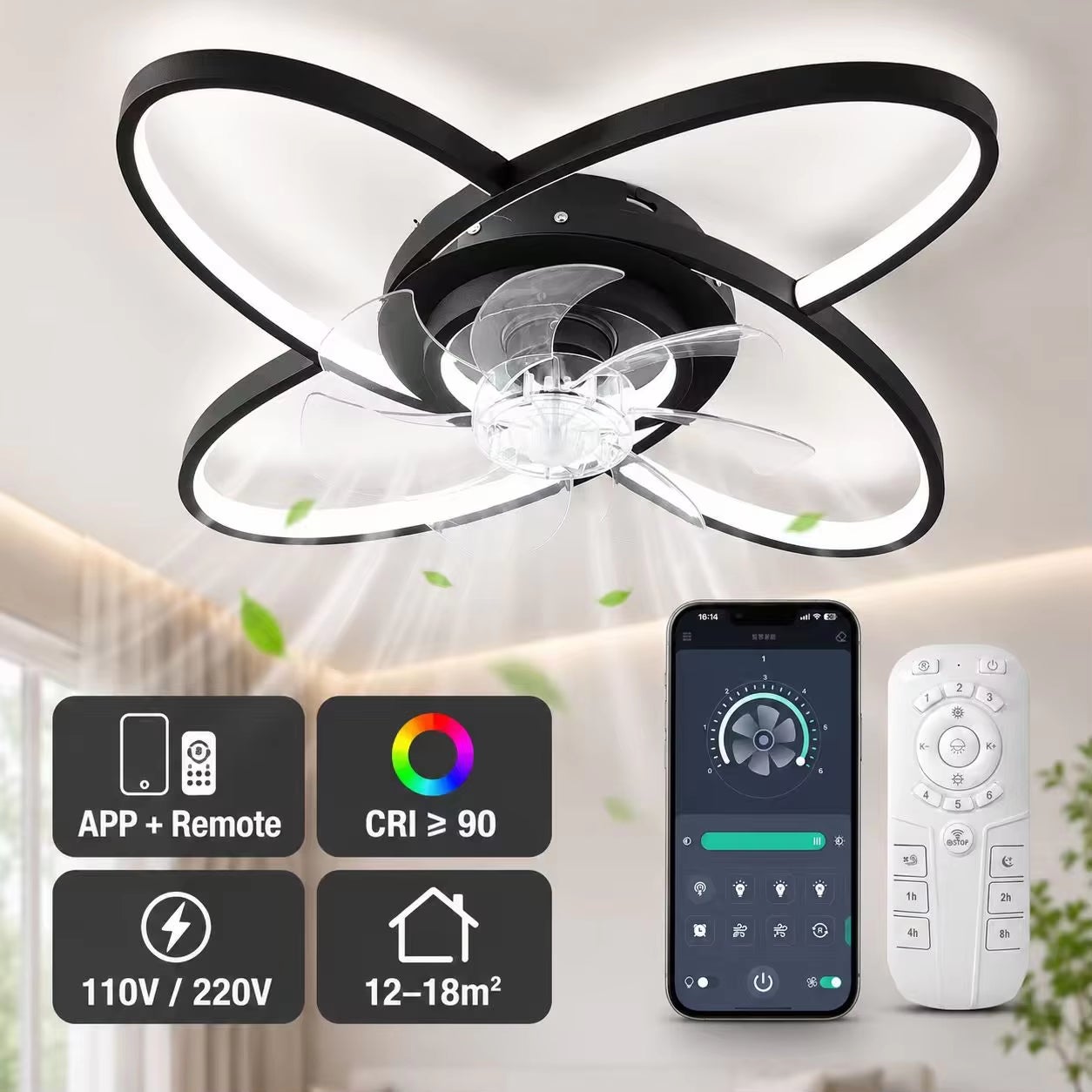 Ventilador de techo de 60 cm con lámpara, control remoto y por app ...