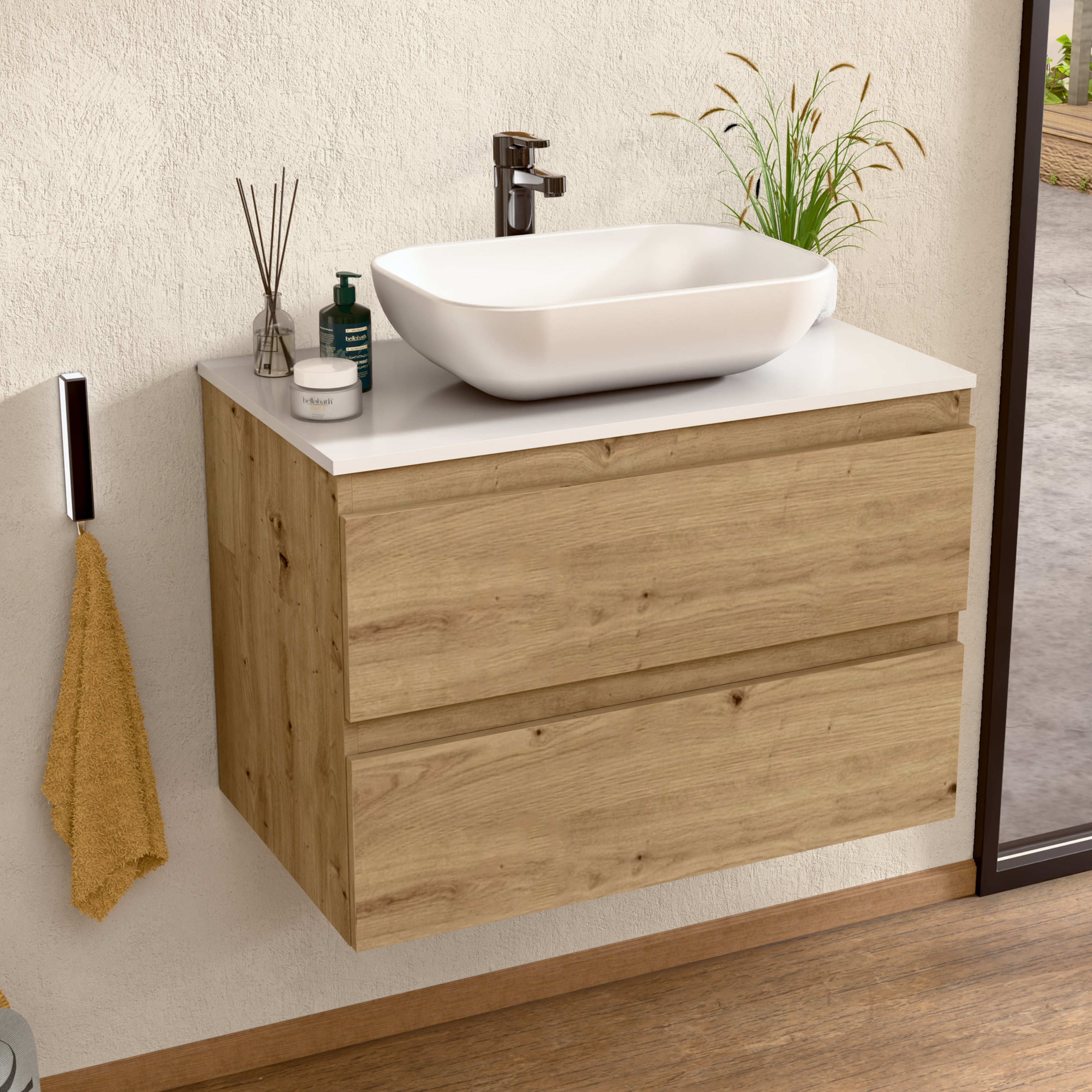BELLOBATH - Mueble de baño suspendido con lavabo de cerámica, Mueble con 2 Cajones, 80 x 55 x 46 ...