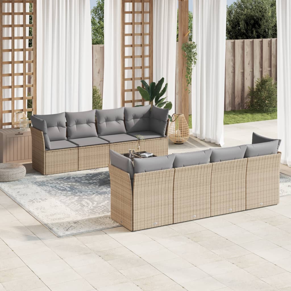 Muebles de jardín con cojines 9 piezas resina tejida beige | Leroy Merlin