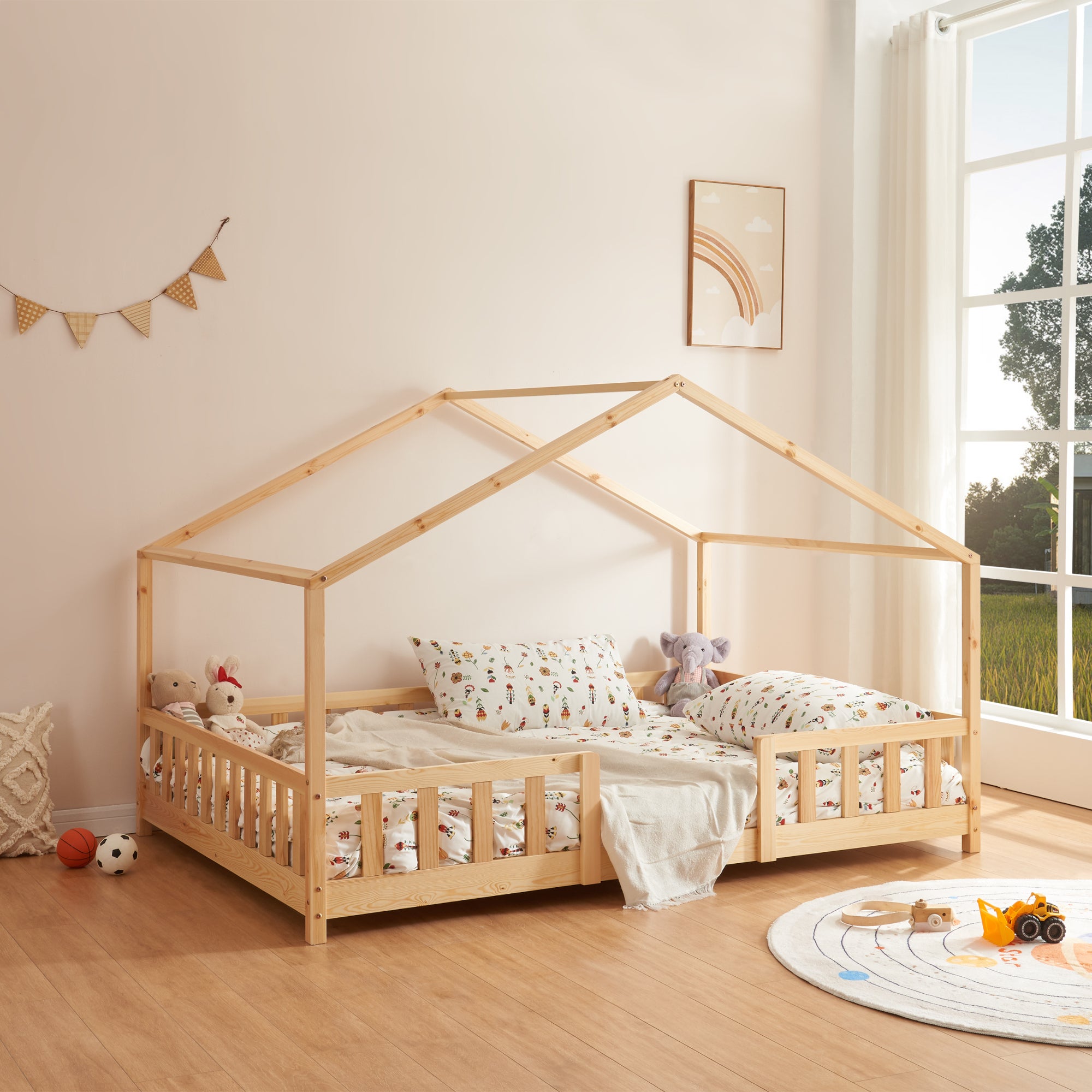 Cama para niños Treviolo forma de casa pino 120x200 cm - Pino natural ...