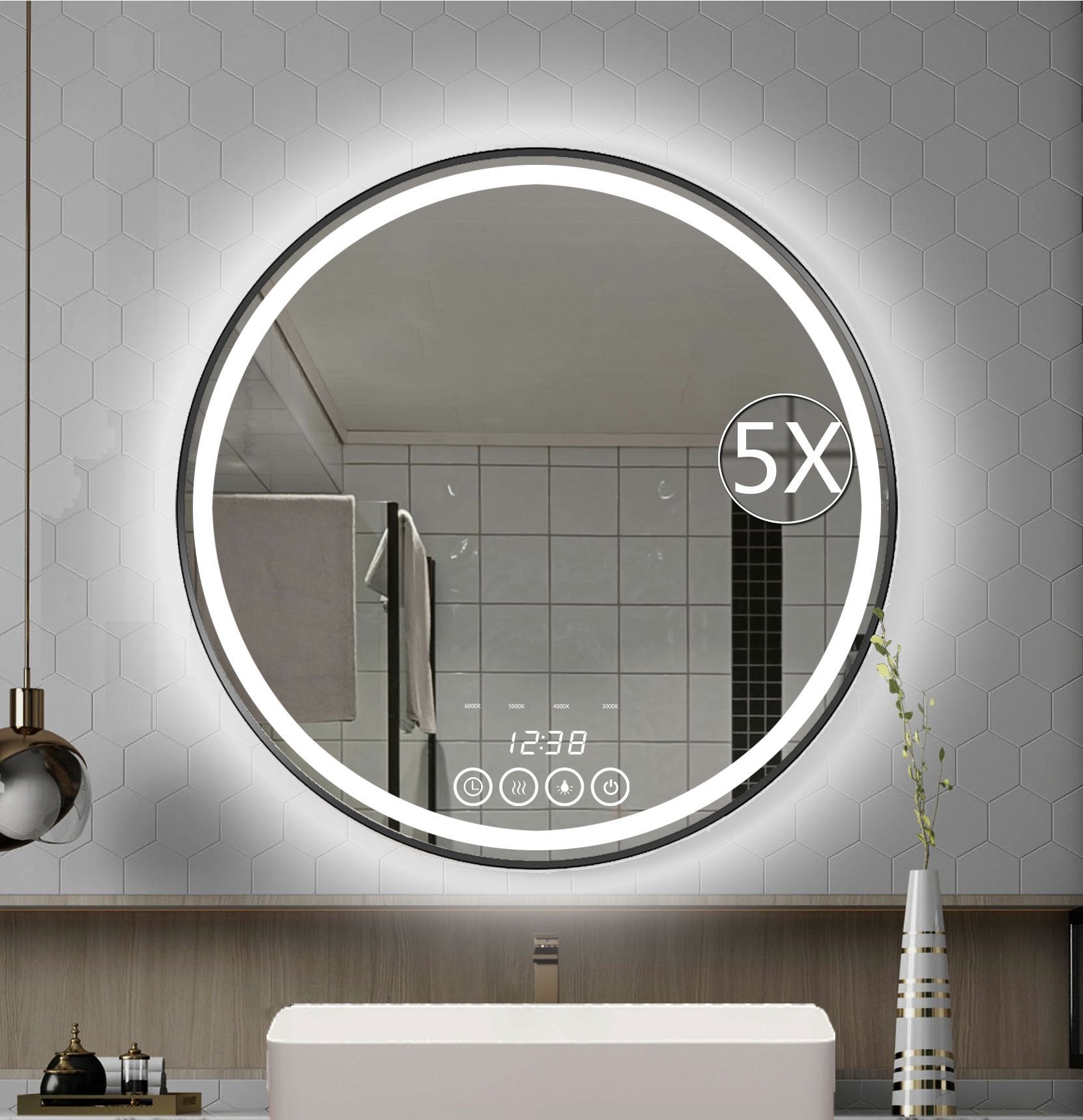 Miroir de salle de bain rond mural de 60cm avec éclairage LED – Miroirs ...