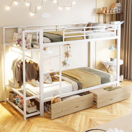Litera 90x200 cm con LED, 2 cajones, estanterías y barra para ropa ...