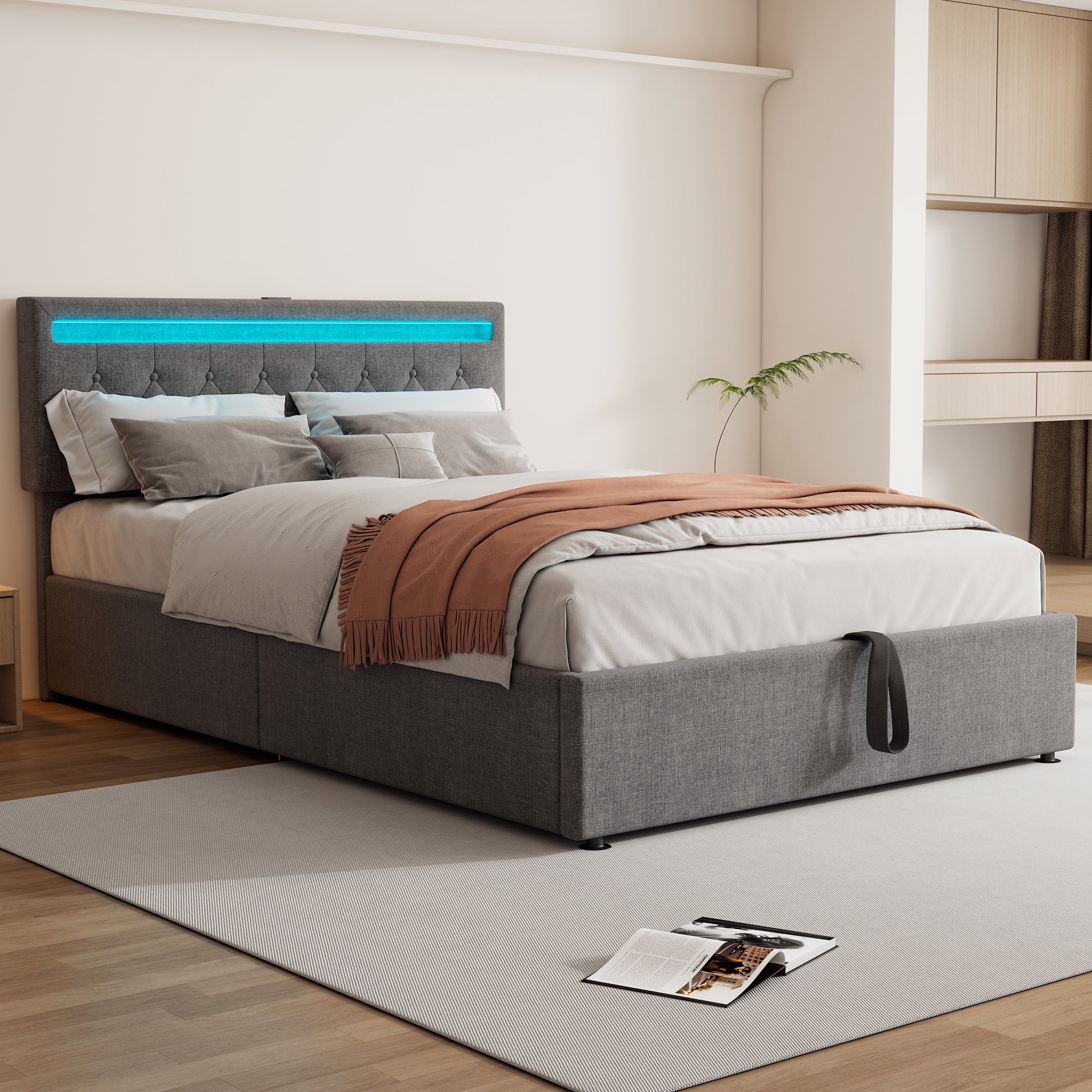 Lit coffre 140x200 cm en tissu lin avec LED - prises USB et Type-C sur ...