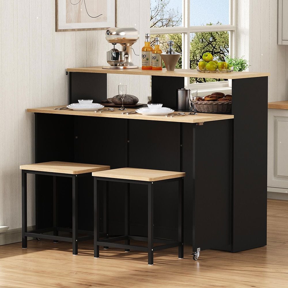 Îlot de cuisine extensible avec chaises,noir,roulettes,buffet avec ...