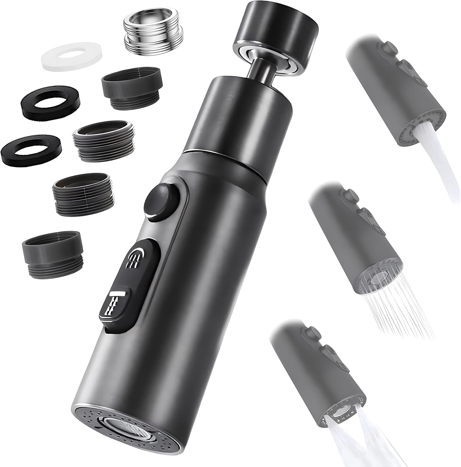 Embout robinet cuisine noir,pivotant 360° avec 3 modes (jet/douche/mousse),mousseur économiseur ...