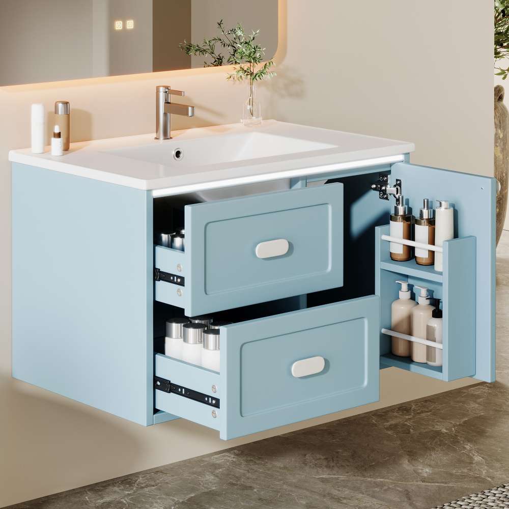 Meuble lavabo suspendu 76x46x51 cm bleu, MDF laqué, LED radar, 2 ...