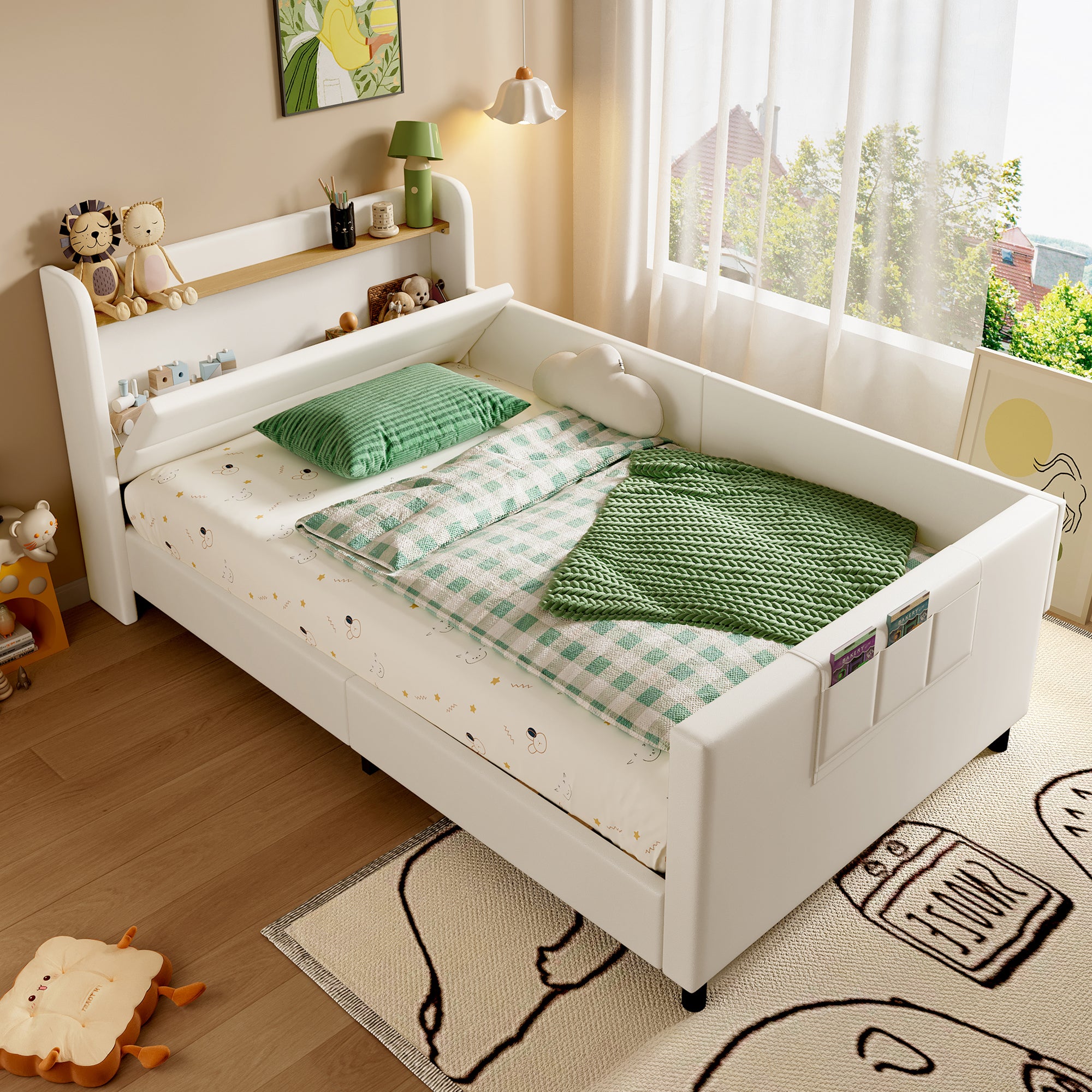 Lit enfant 90 x 200 cm - Lit simple avec 3 poches de rangement et table ...