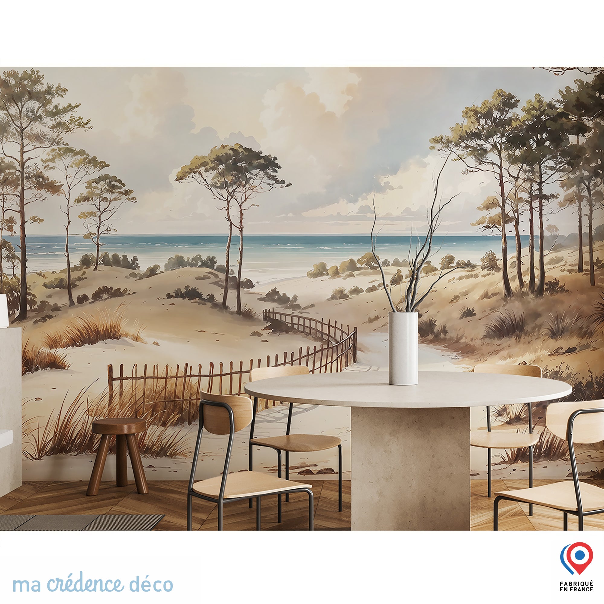 Papier peint Dune, Arbres et mer, Sud ouest, Aquarelle 4 - Intissé - L ...