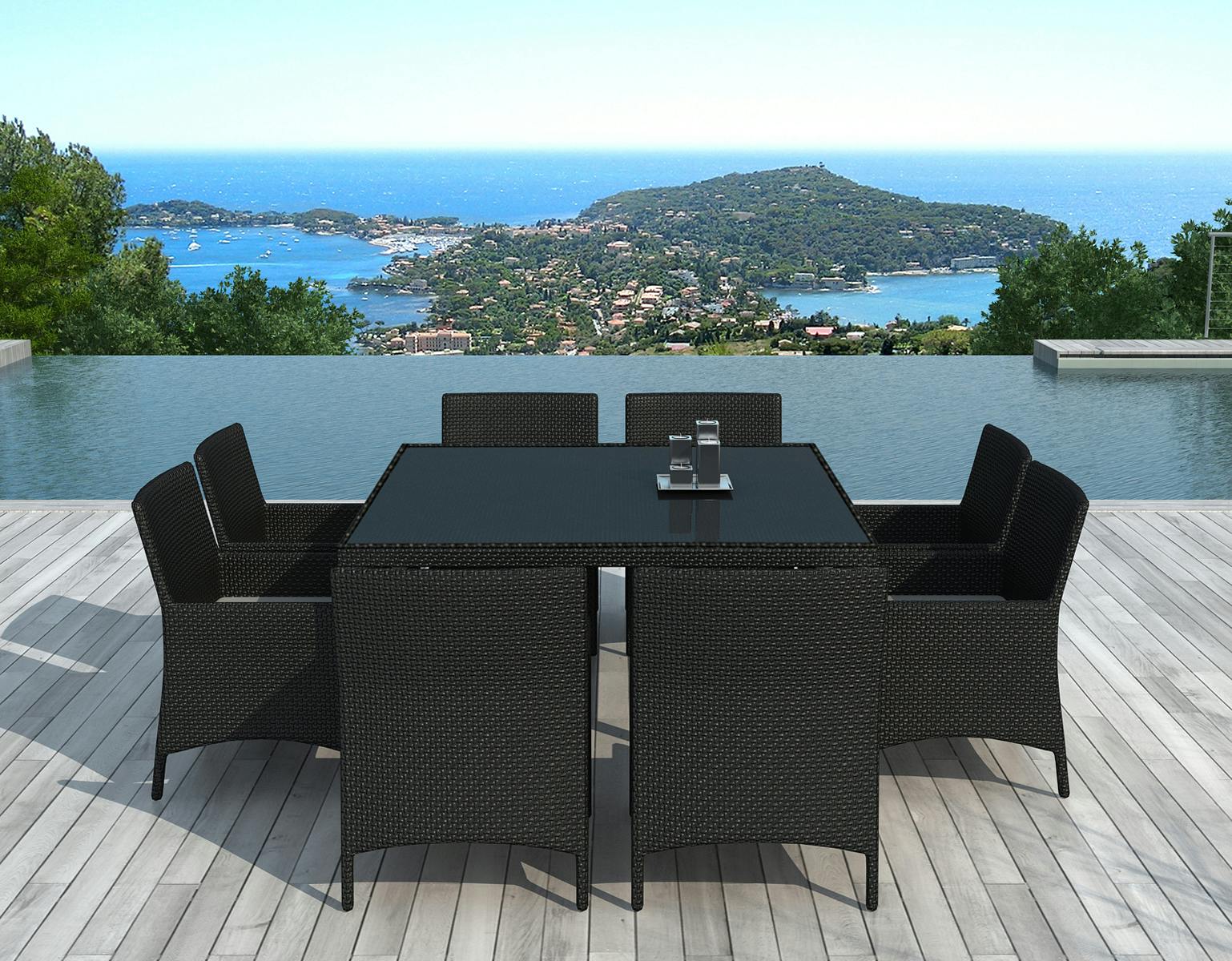 Ensemble repas d'extérieur table carrée 140 cm en résine tressée + 8 fauteuils LE CARRE | Leroy ...