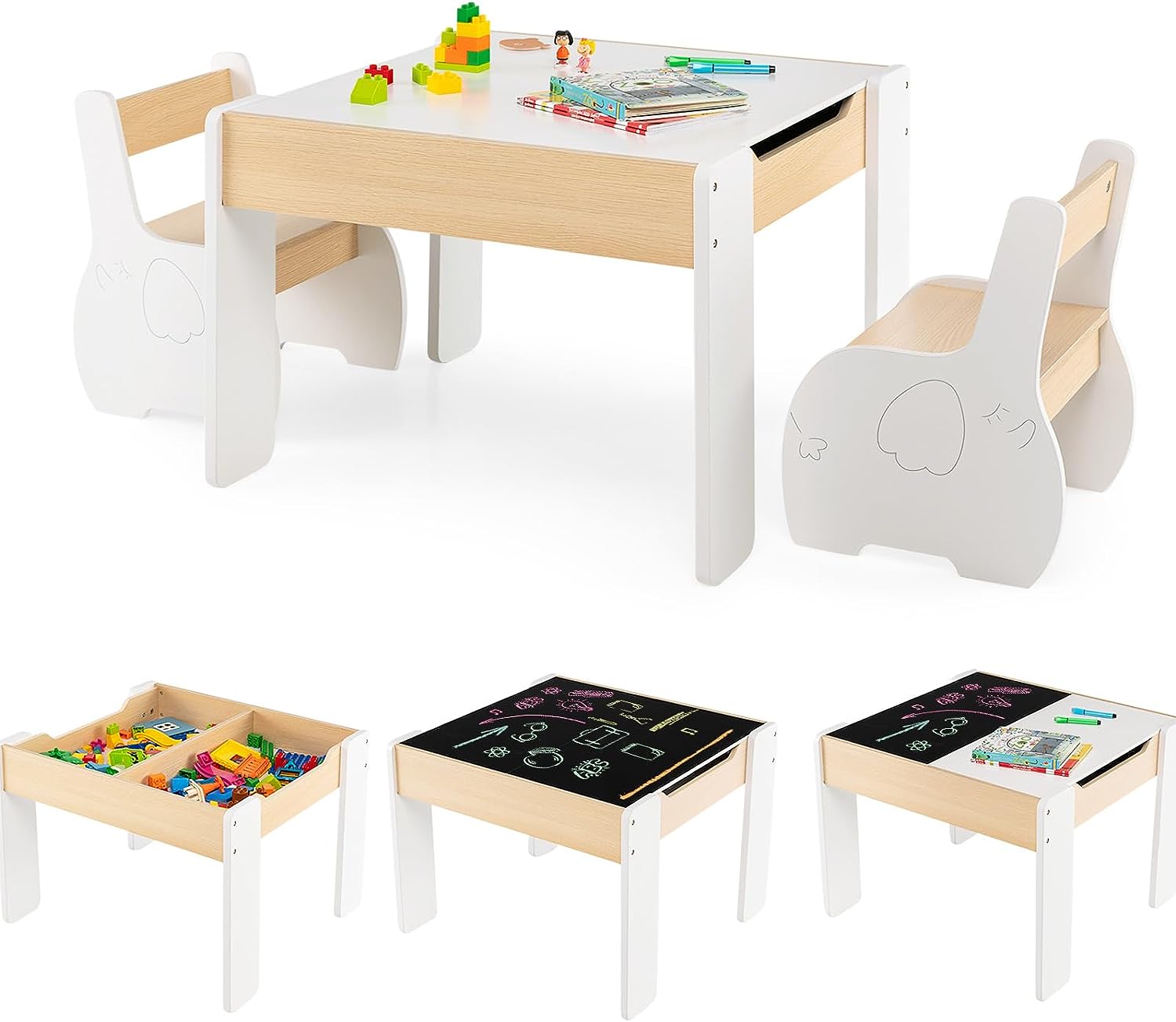 Table Enfants avec 2 Chaises et Tableau Amovible, Espace de Rangement ...