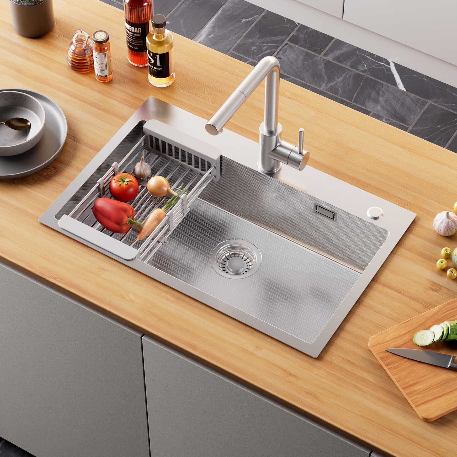 Évier de Cuisine en Inox Brossé 60 x 45 cm, Évier 1 Bac avec Panier de ...