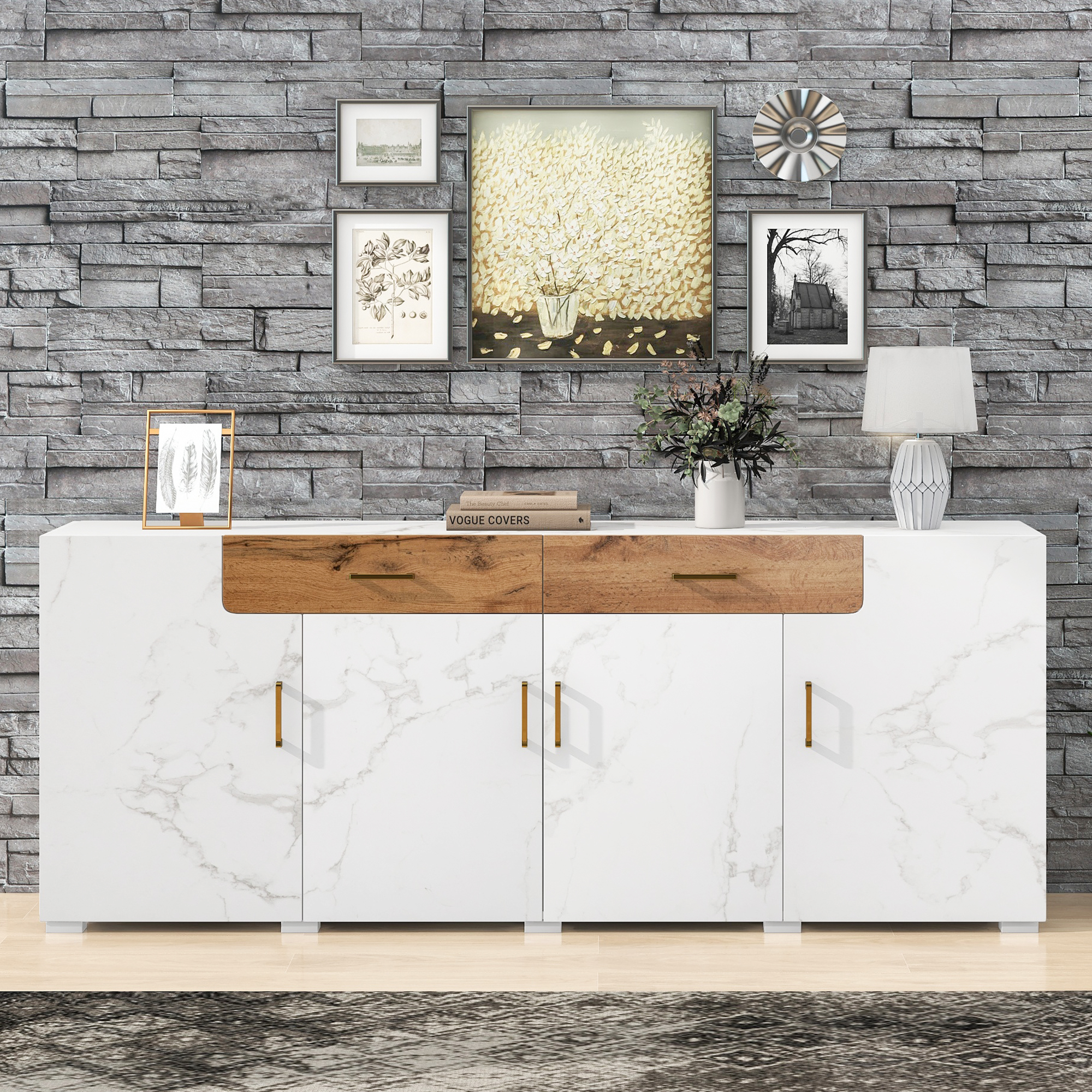 Buffet L 200cm - 4 portes avec 2 tiroirs - Blanc | Leroy Merlin