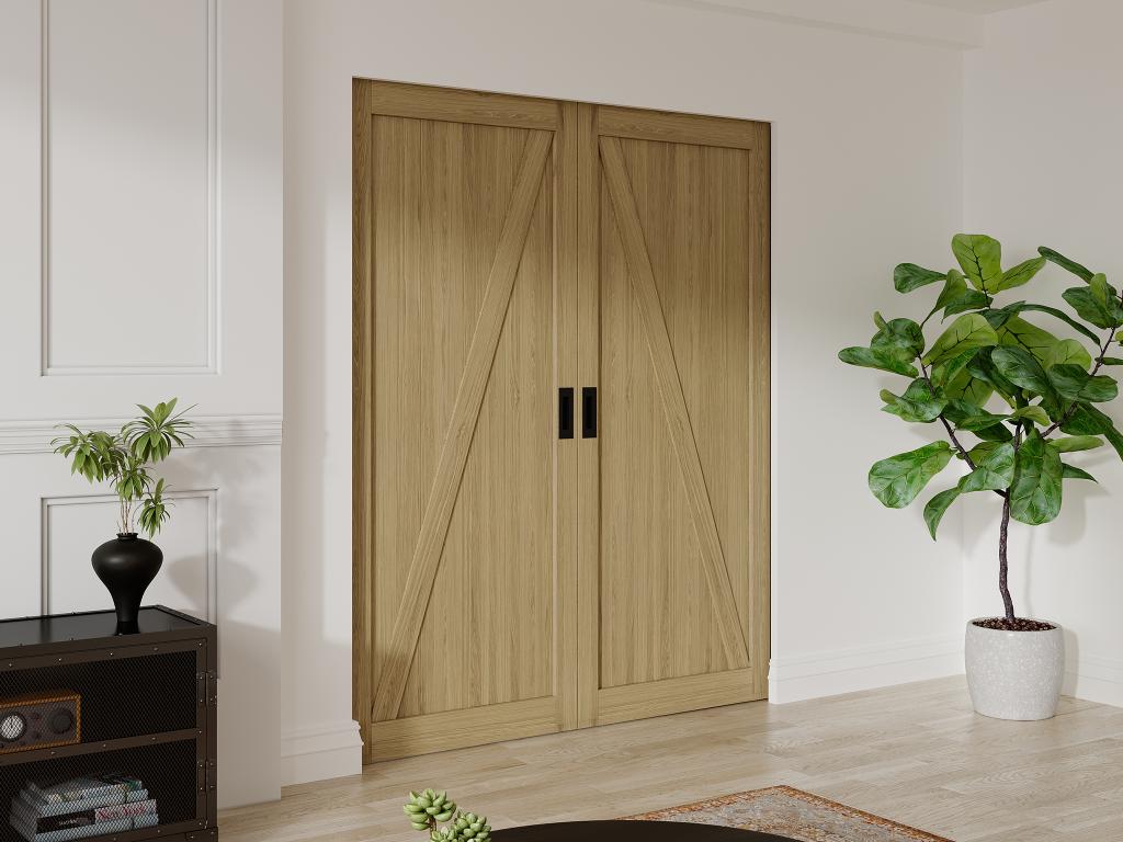 Porte coulissante double avec système à galandage en bois et MDF ...