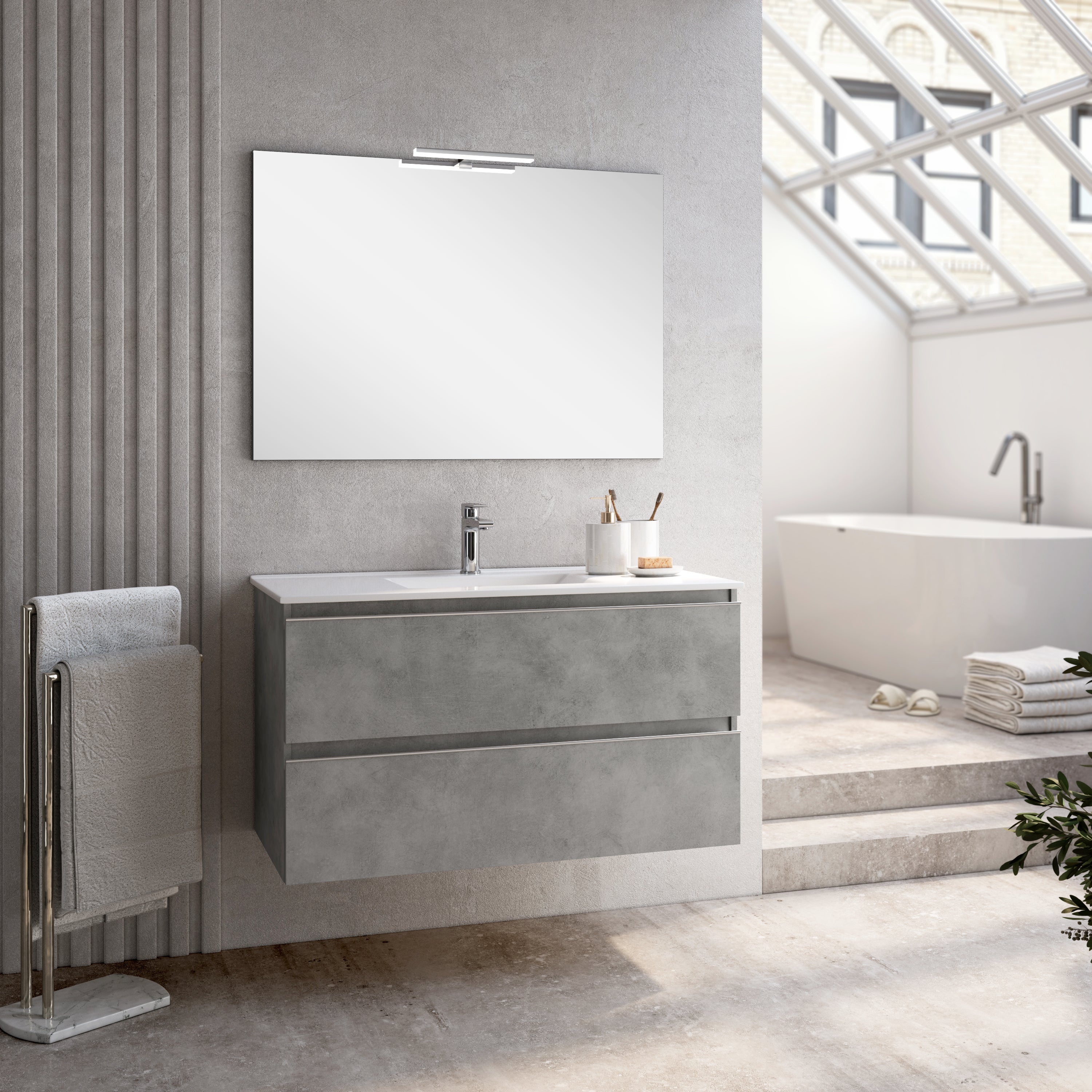 EGORE Meuble de salle de bain avec lavabo ROMA 2 Tiroirs Ciment 100x45 ...