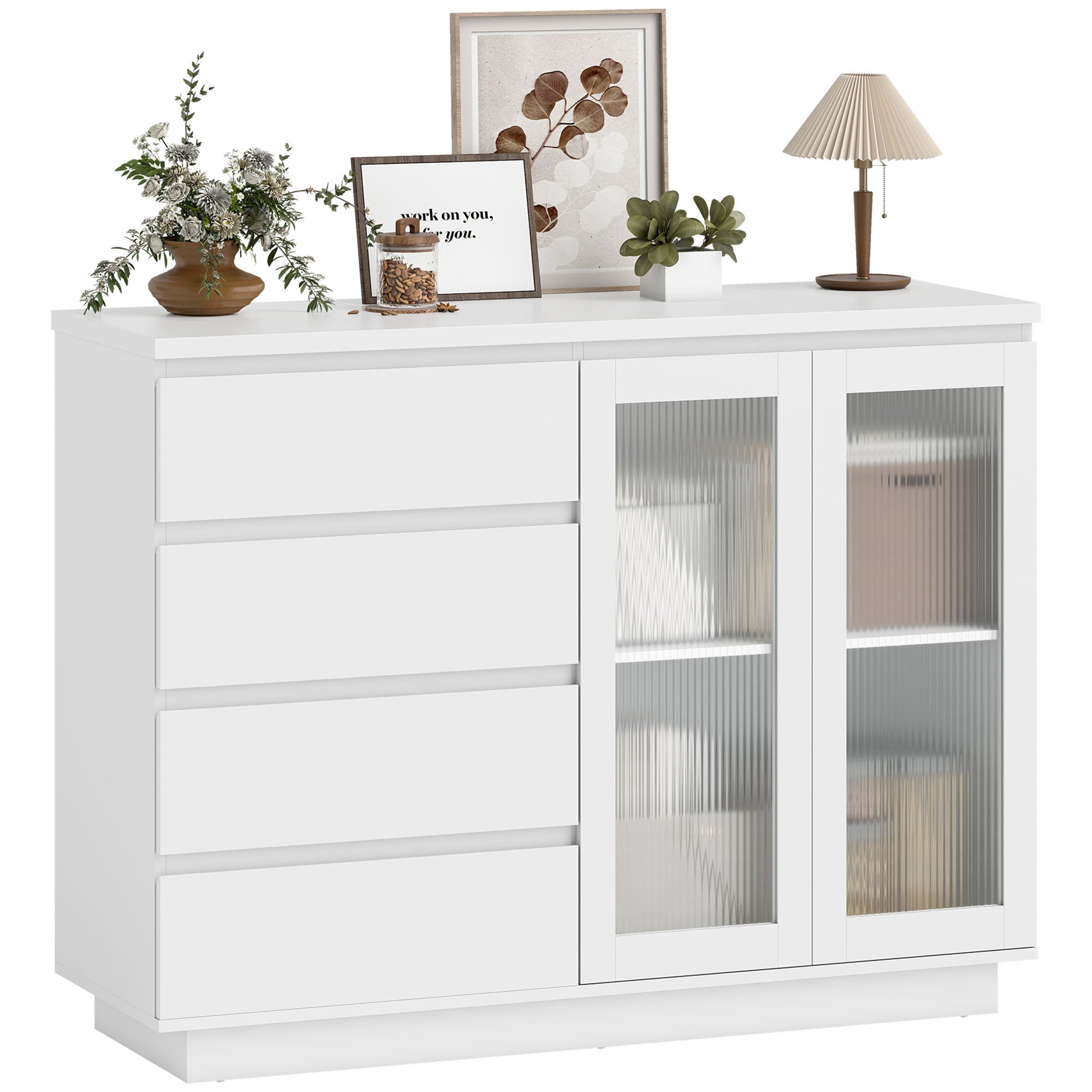 Buffet. Meuble de rangement avec 4 tiroirs et 2 portes vitrées. Design ...