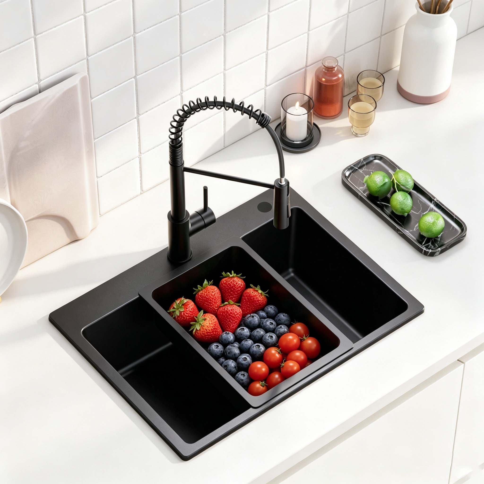 NICOLA Pack 2 Fregaderos Cocina Granito Negro 60x45cm 1,5 Cubeta Doble ...