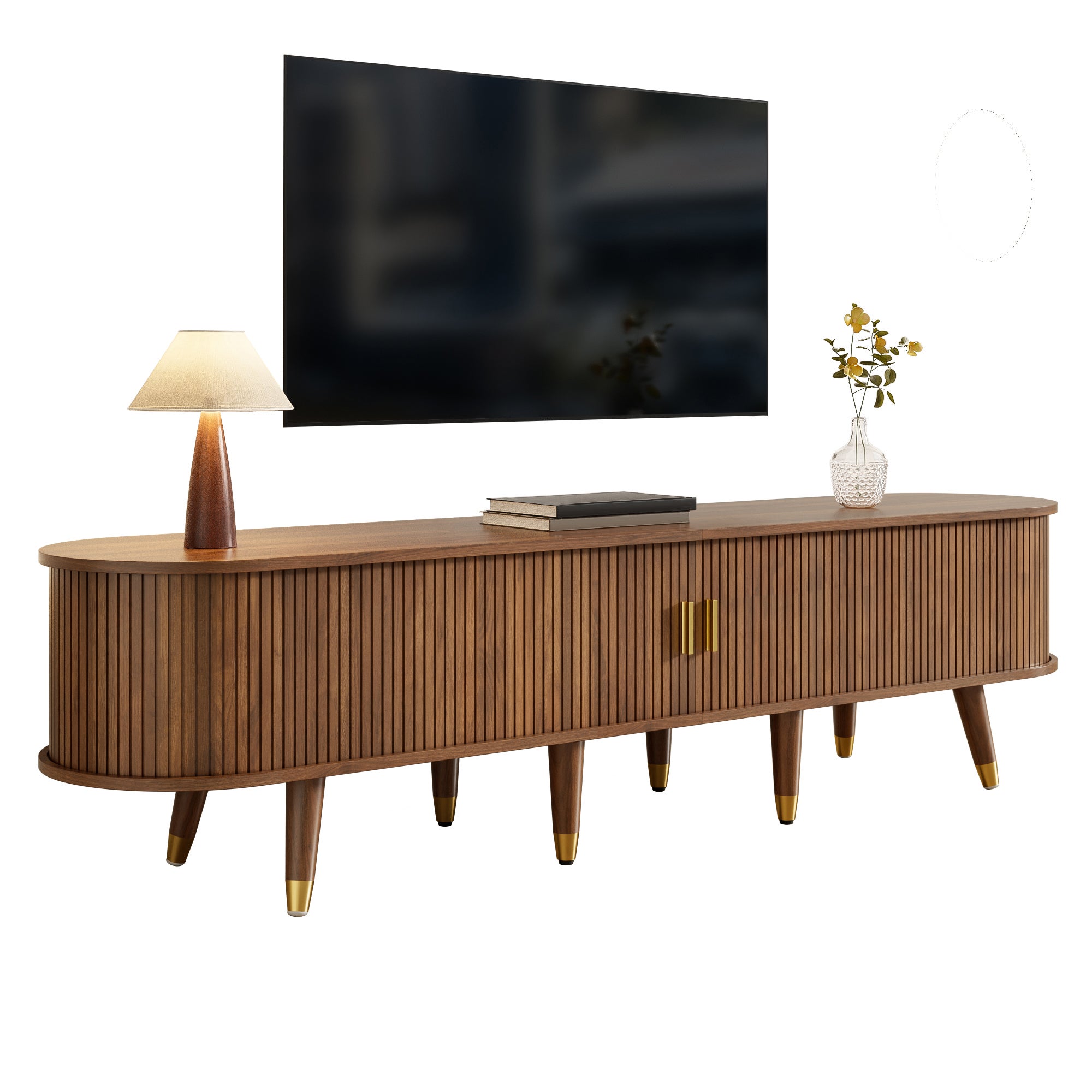 Mueble de TV de 175 cm con puerta corredera de ratán, efecto nogal y ...