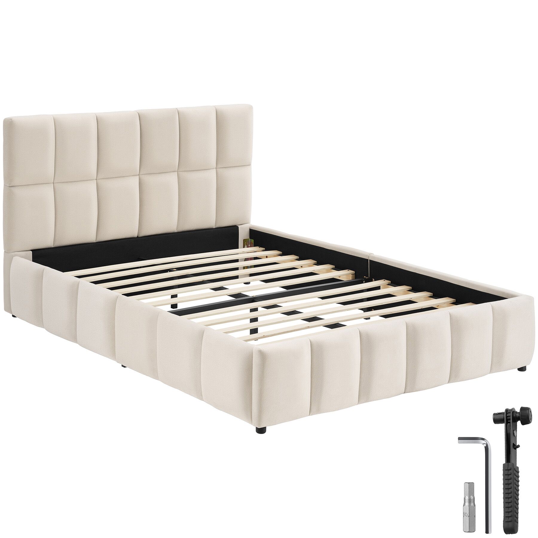 Letto imbottito in tessuto velluto, rete a doghe integrata, base in ...
