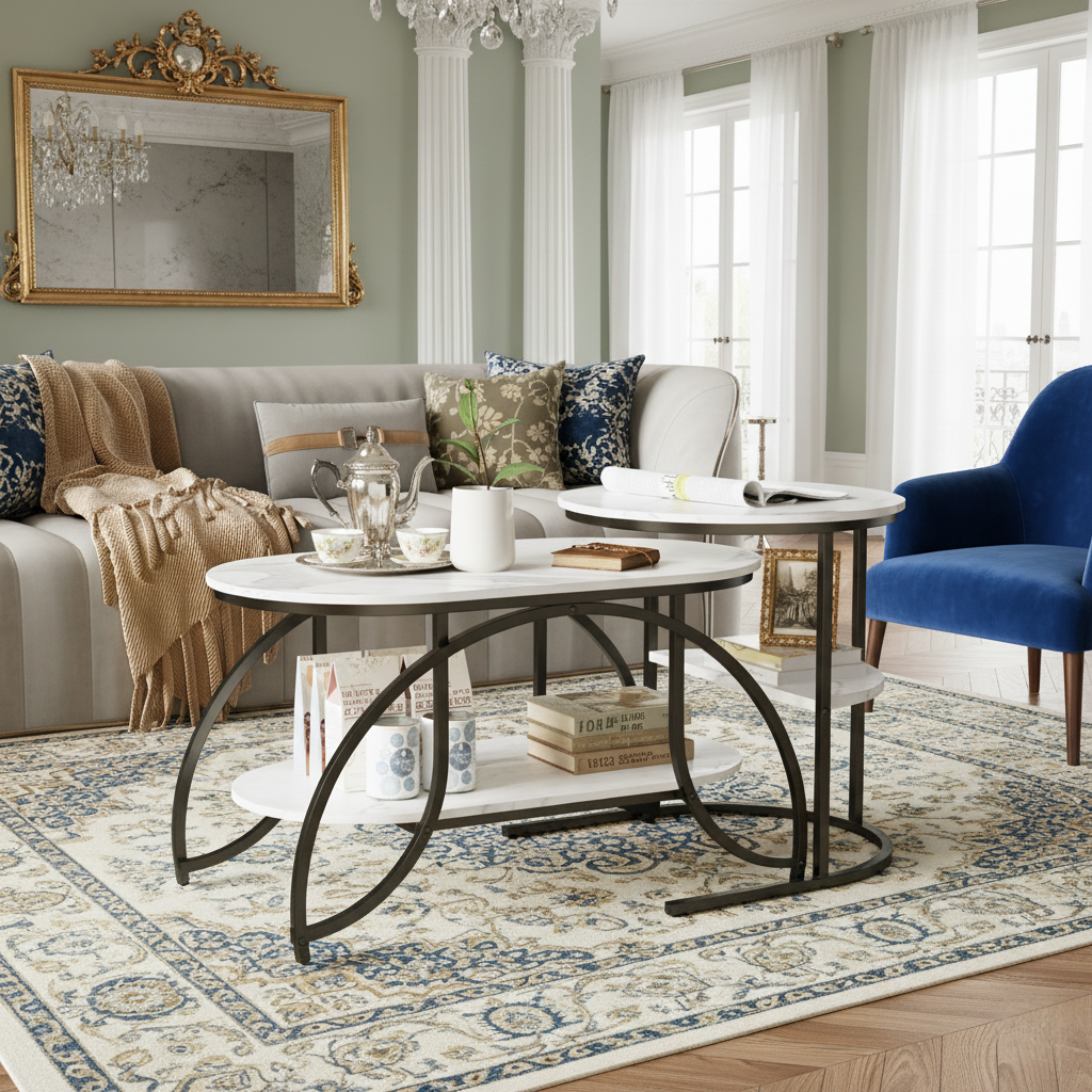 Lot de 2 table basse gigognes, texture marbre, bords arrondis anti ...