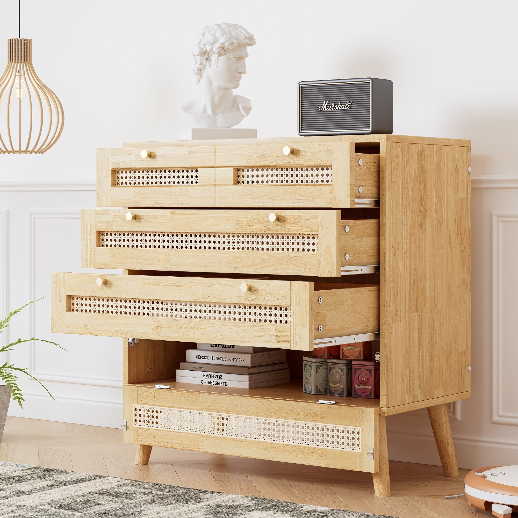 Commode classique 3 tiroirs et une porte en rotin - panneaux de ...