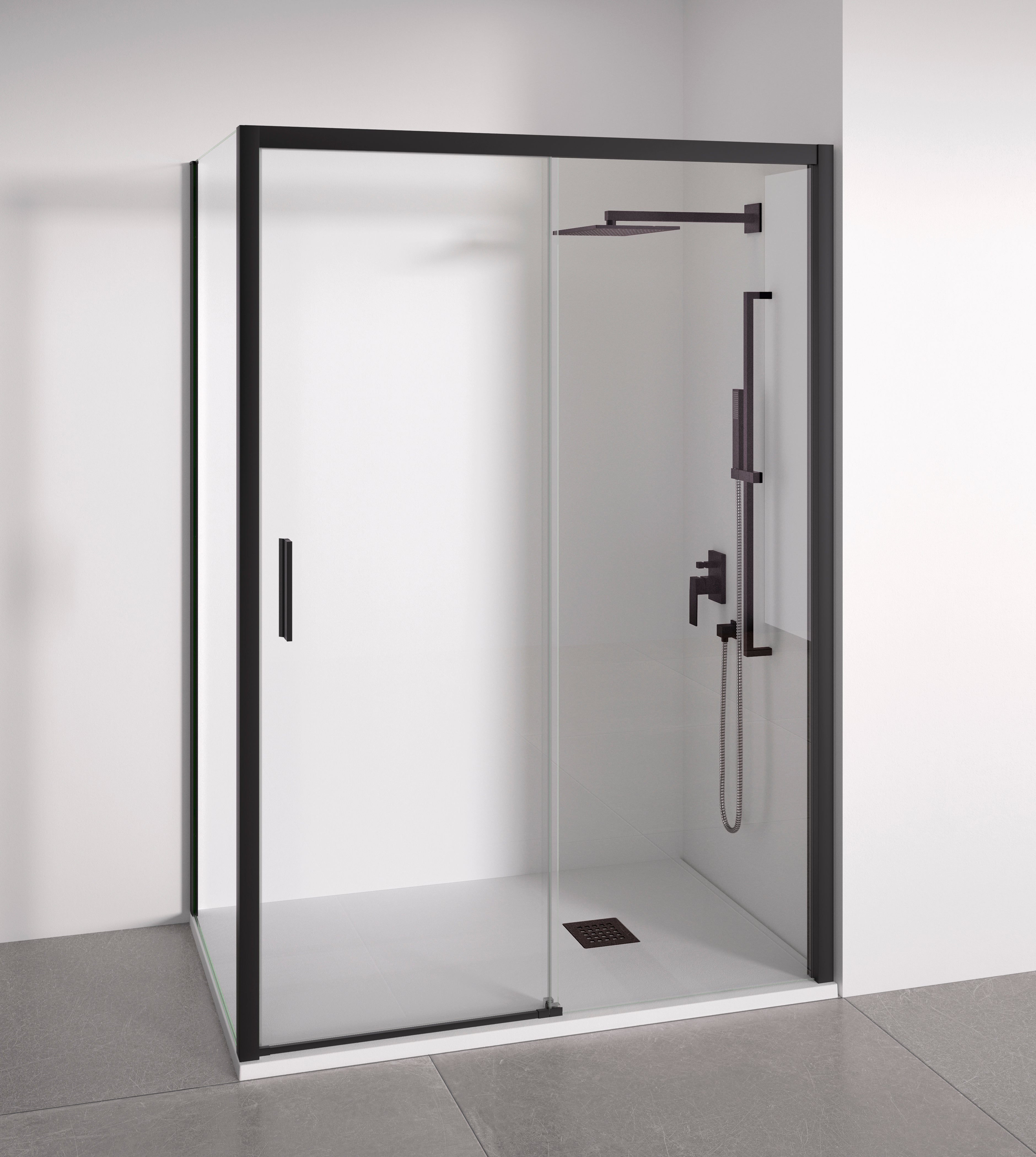 Paroi de douche angulaire 1 coulissante + 2 fixes - Verre 6mm - Noir mat - Largeur 150-155 x 72 ...