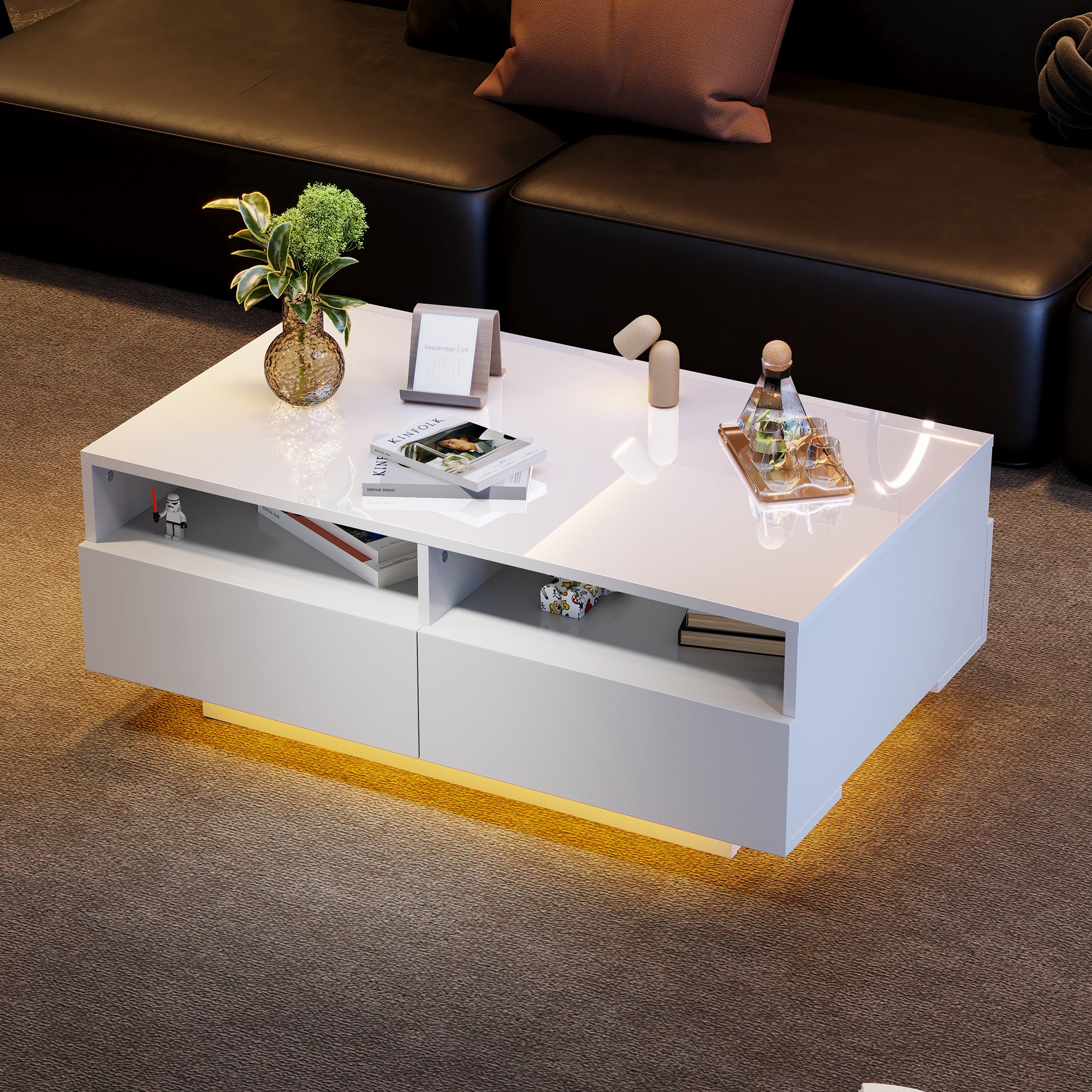 Table basse LED brillante avec 4 tiroirs, table de canapé, table ...